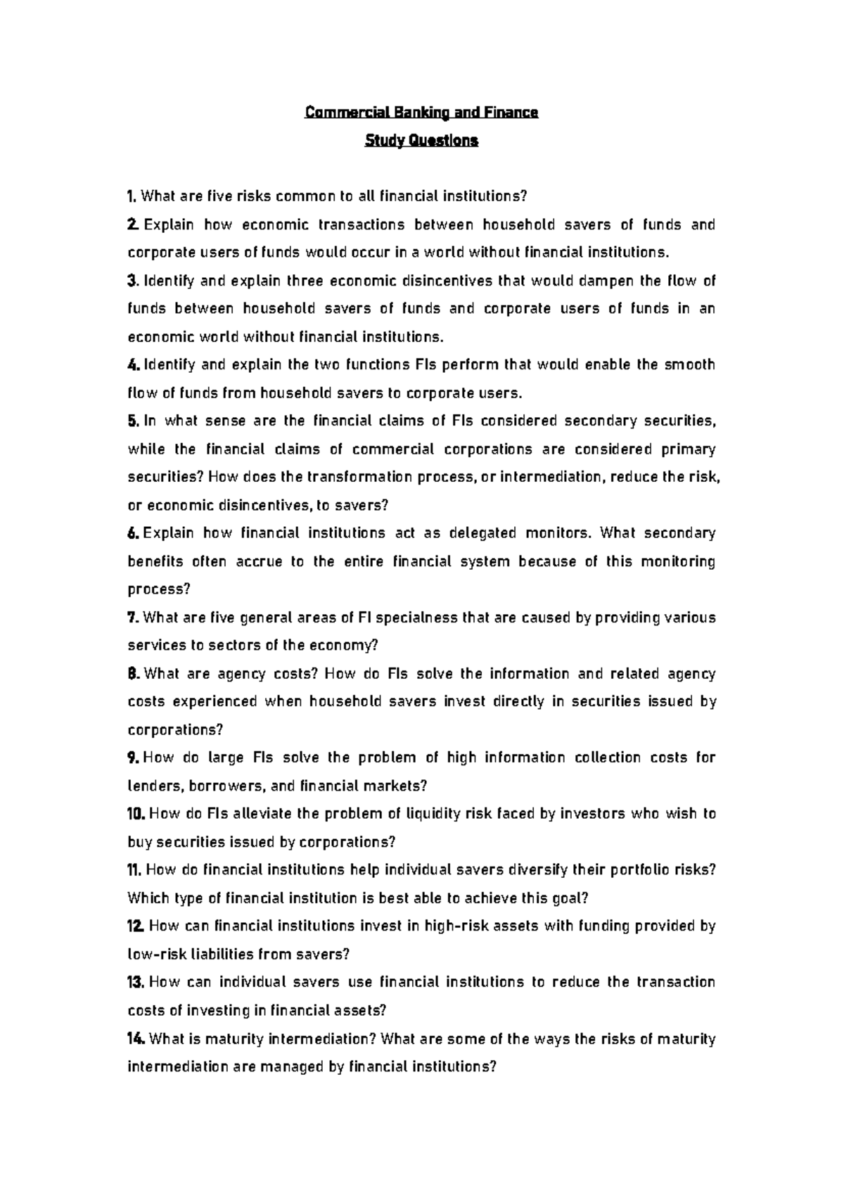 BFI Study Questions - Commercial Banking and Finance Study Questions ...