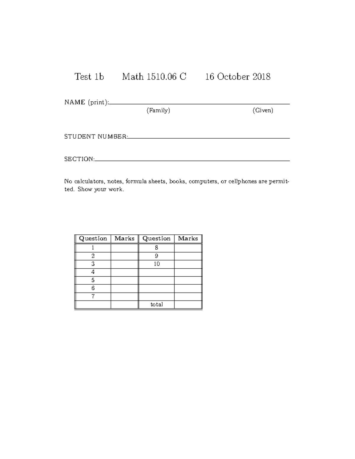 Test 1 2018, questions - Test 1b Math 1510 C 16 October 2018 NAME ...