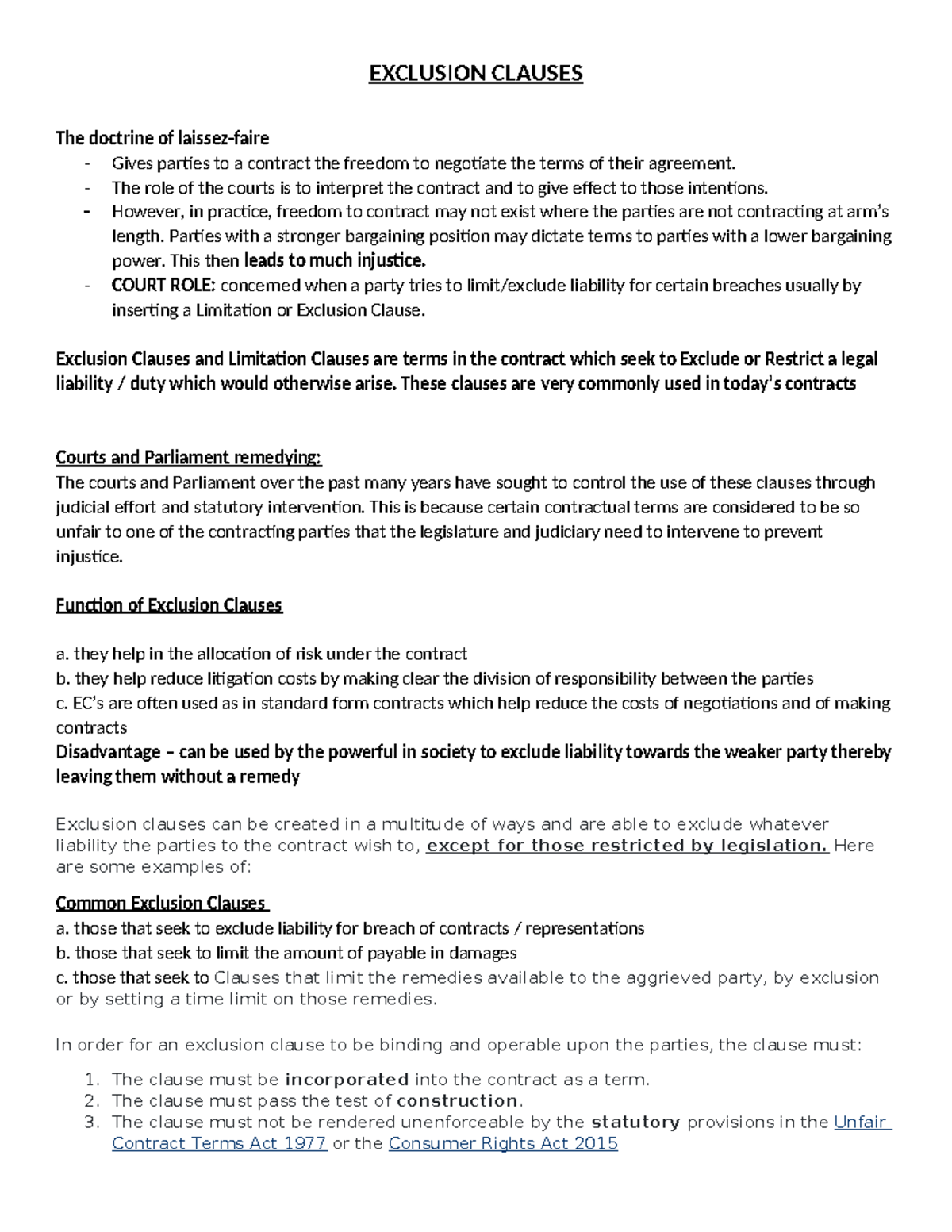 Terms- EC and CL Controls - EXCLUSION CLAUSES The doctrine of laissez ...