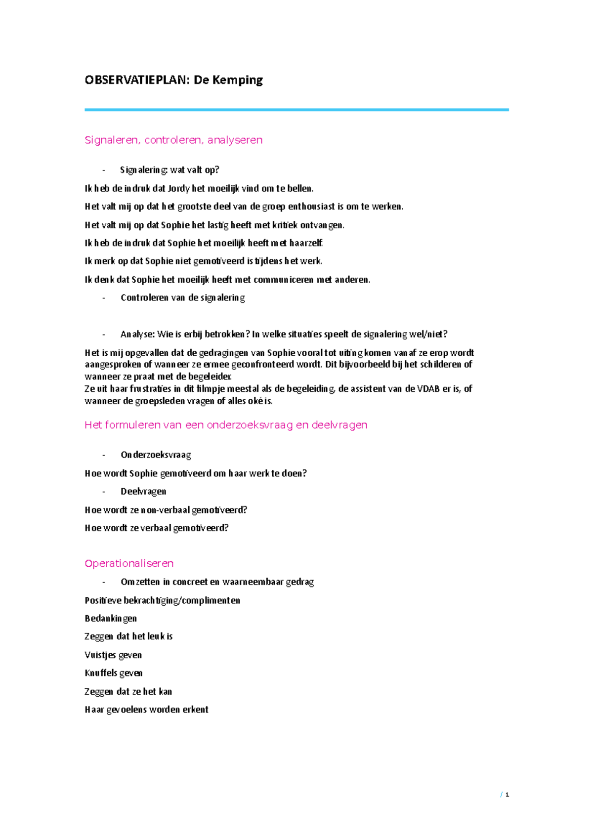 Sjabloon - De Kemping - oefening observatieschema - OBSERVATIEPLAN: De ...