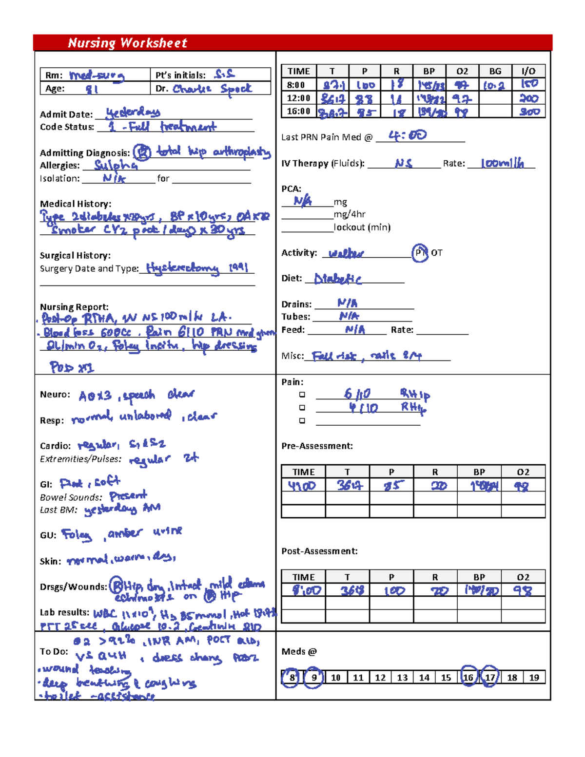 Nursing Worksheet - Nursing Worksheet Admit Date ...