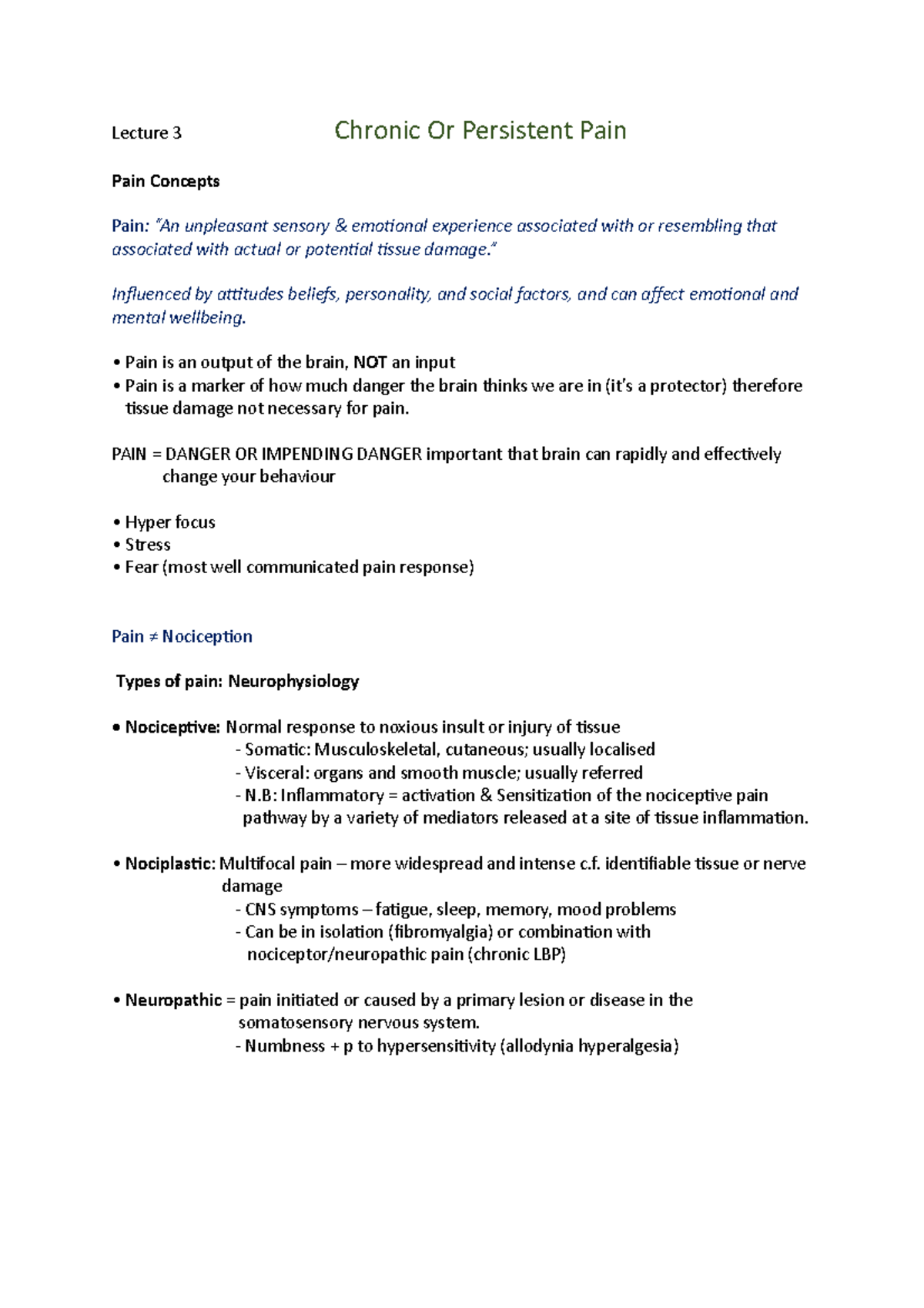 Chronic pain Quiz notes print - Lecture 3 Chronic Or Persistent Pain ...