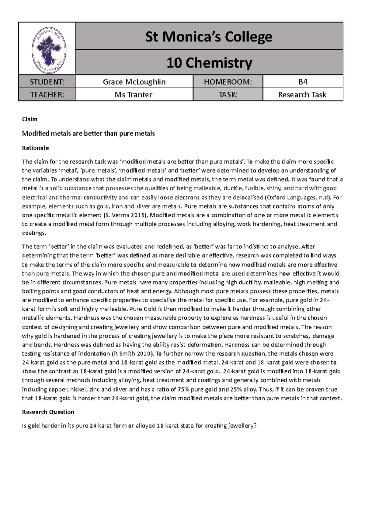 10 Chemistry Research Task - Grace - St Monica’s College 10 Chemistry ...