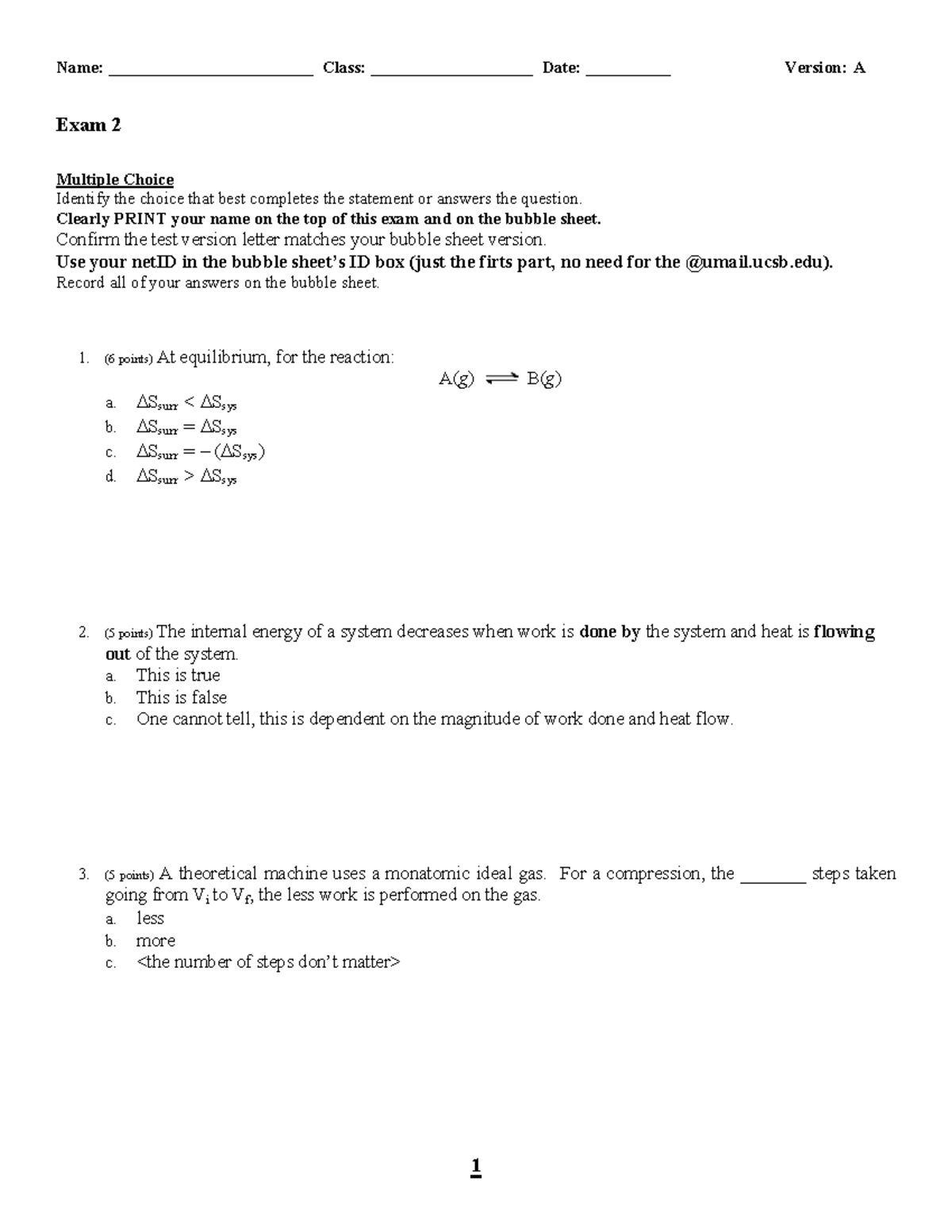 Exam 2v3 Exam Practice For Midterm 1 Name Class