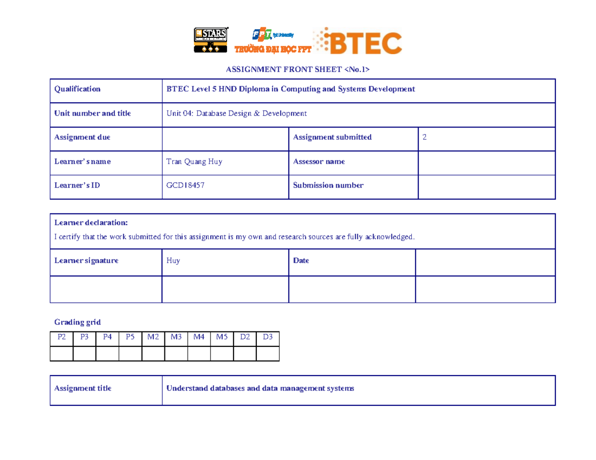 DDD Assignment 2 Tran Quang Huy huytqgcd 18457 - ASSIGNMENT FRONT SHEET ...