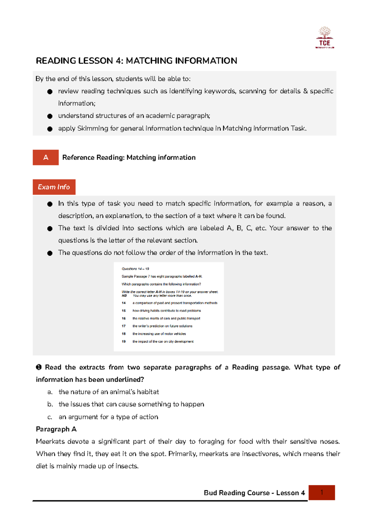Reading lesson 4 Class handout - READING LESSON 4: MATCHING INFORMATION ...