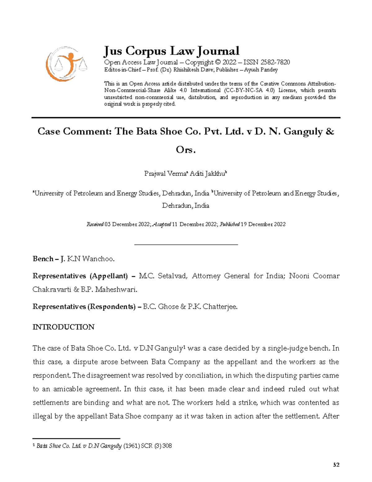 BATA Case - Bata case vs ganguly - Jus Corpus Law Journal Open Access ...