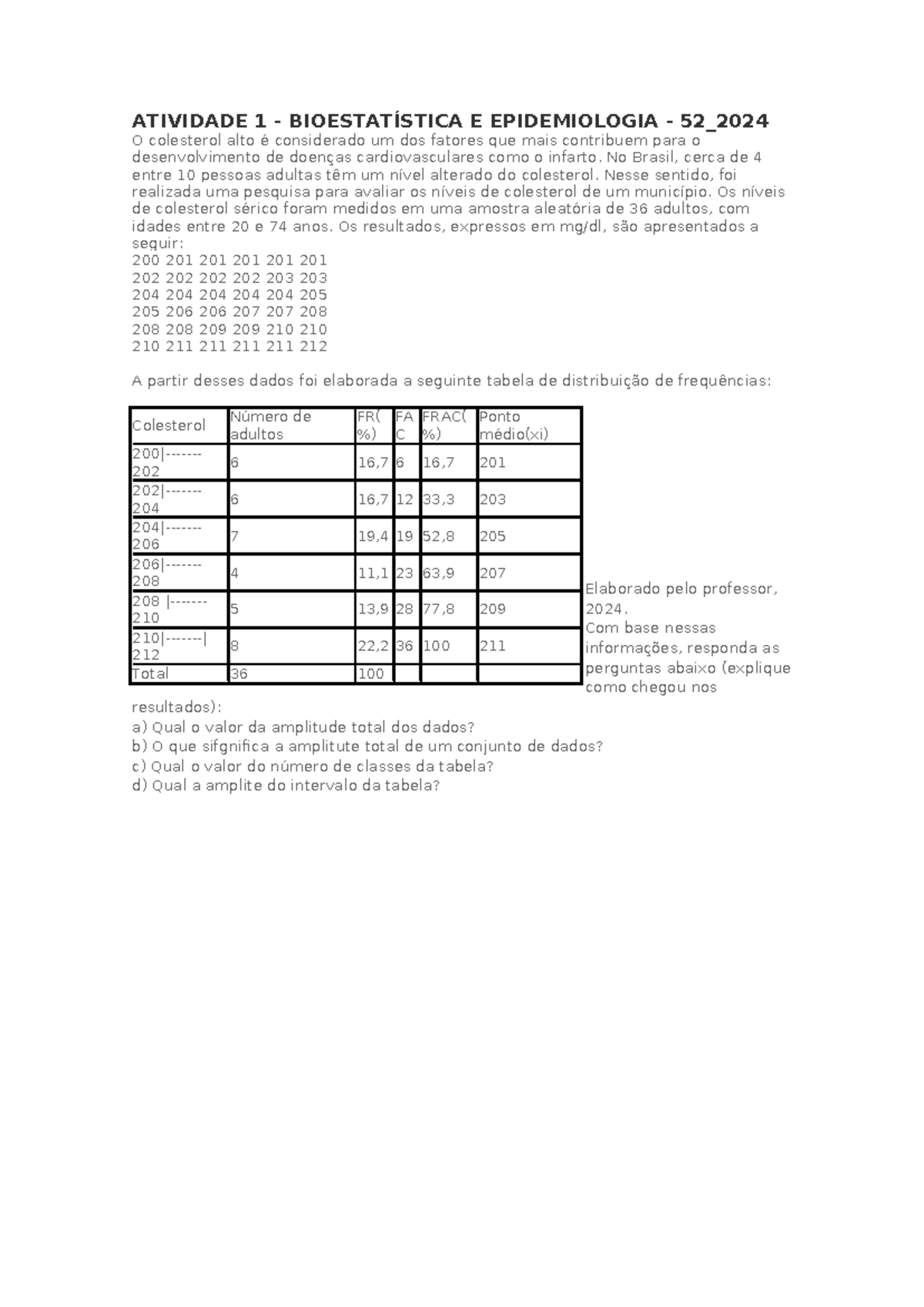 Atividade 1 Bioestatística E Epidemiologia 52 2024 Atividade 1