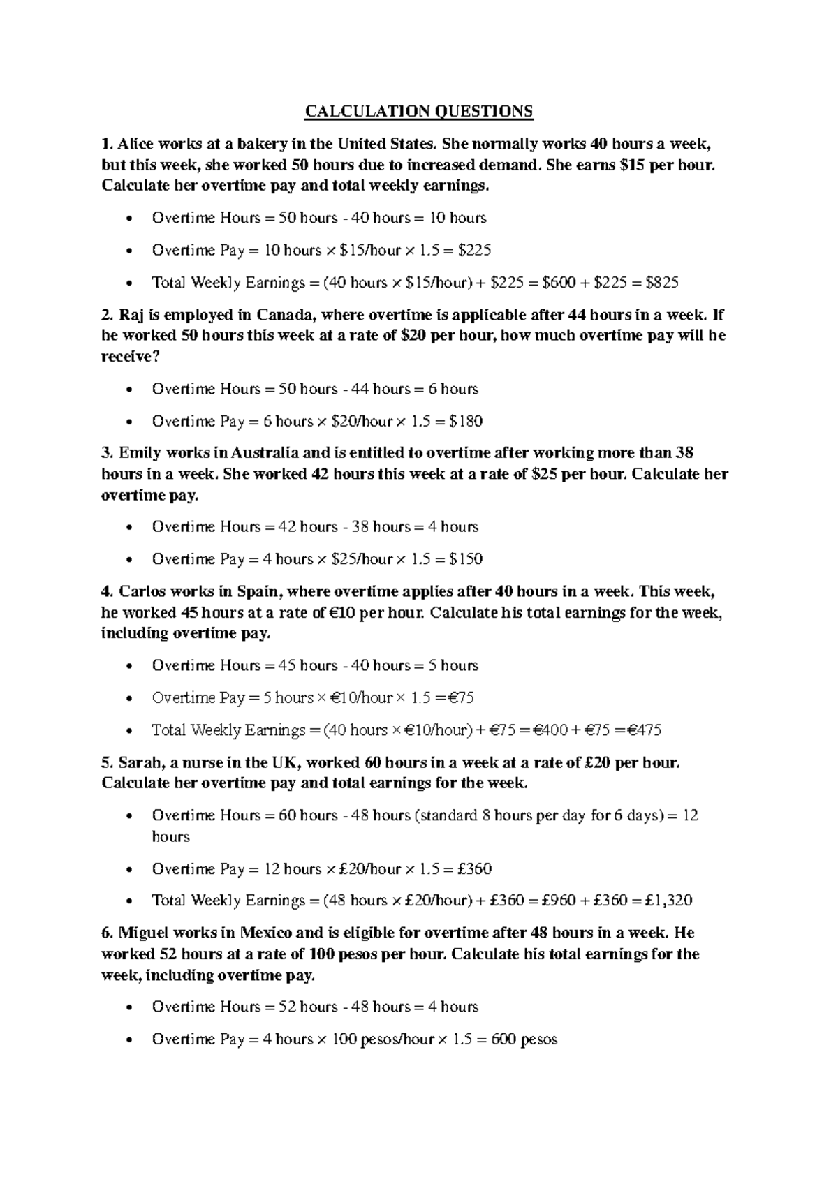 ABV 330; Calculations Questions - CALCULATION QUESTIONS 1. Alice works ...