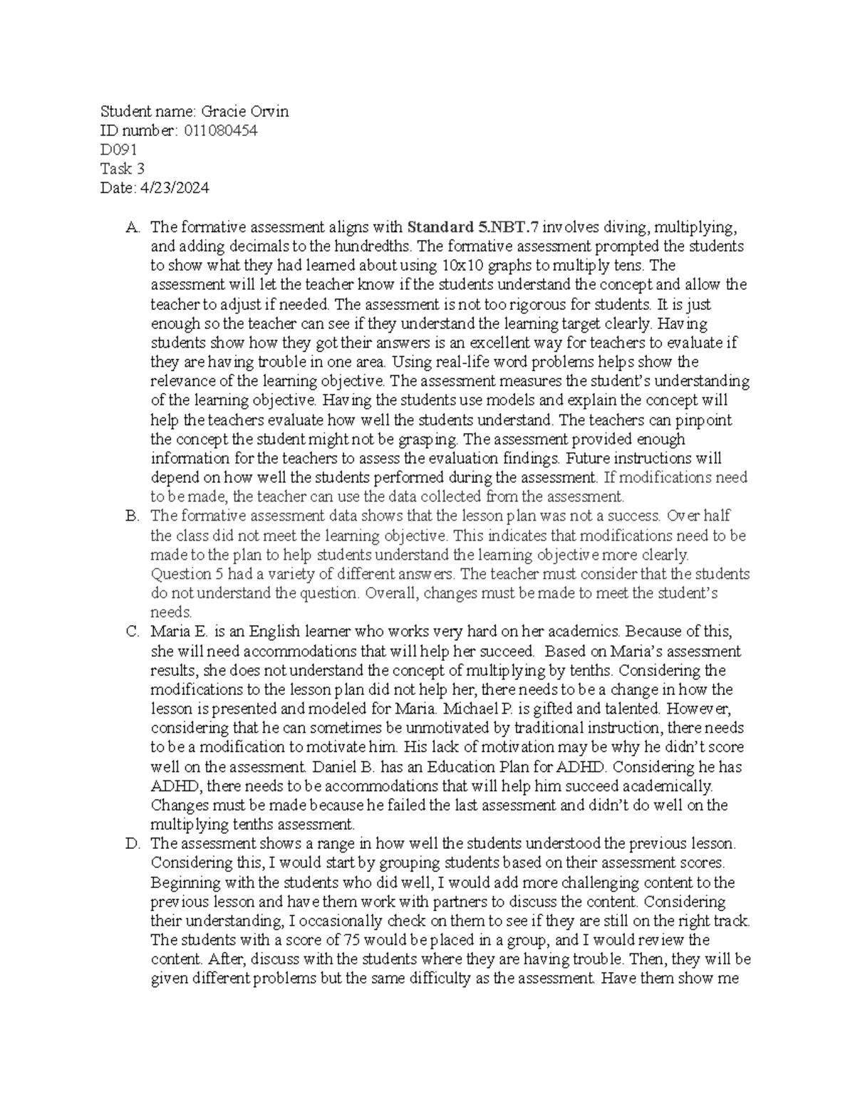 D091 - task - Student name: Gracie Orvin ID number: 011080454 D Task 3 ...