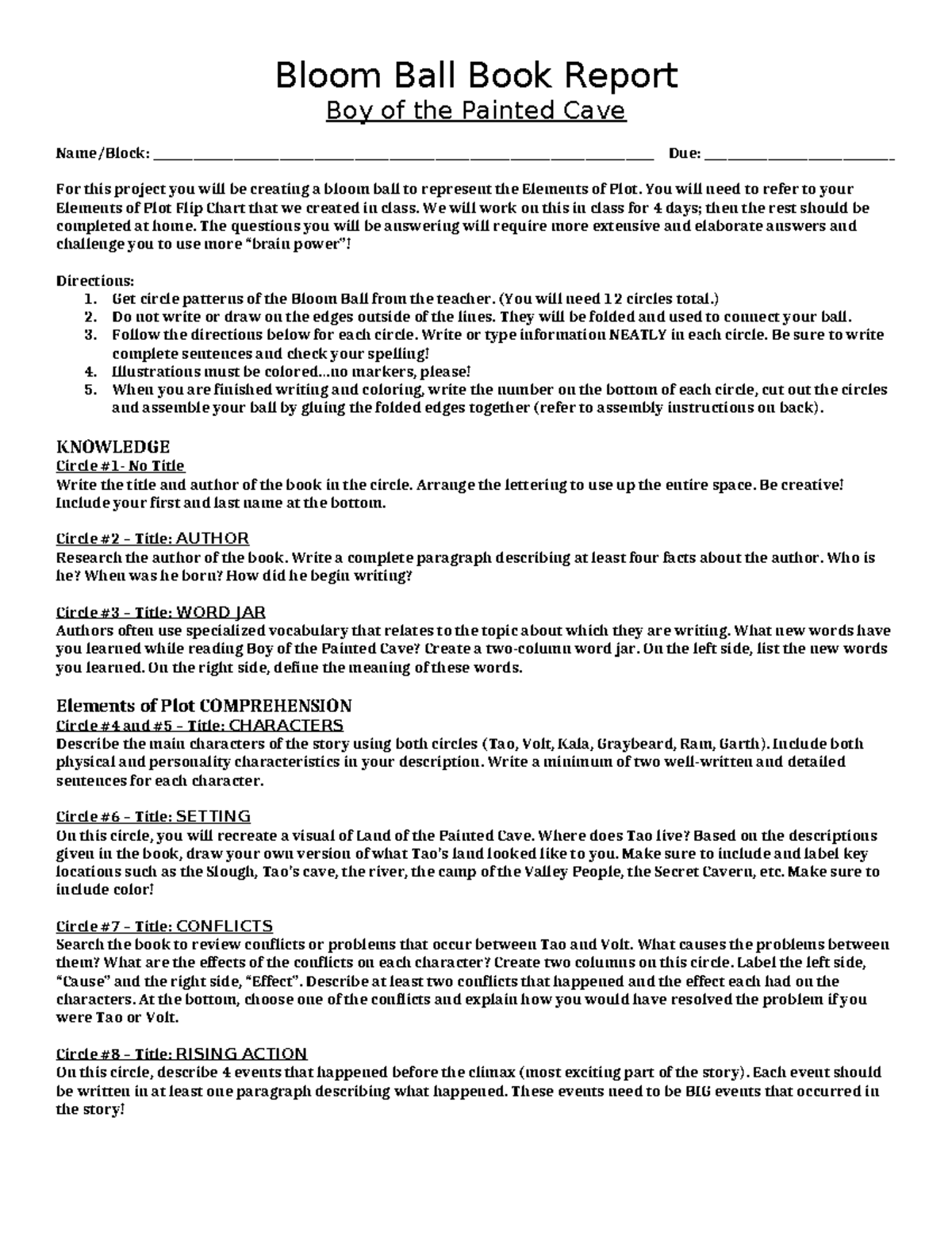 Bloom Ball Book Report - You will need to refer to your Elements of ...