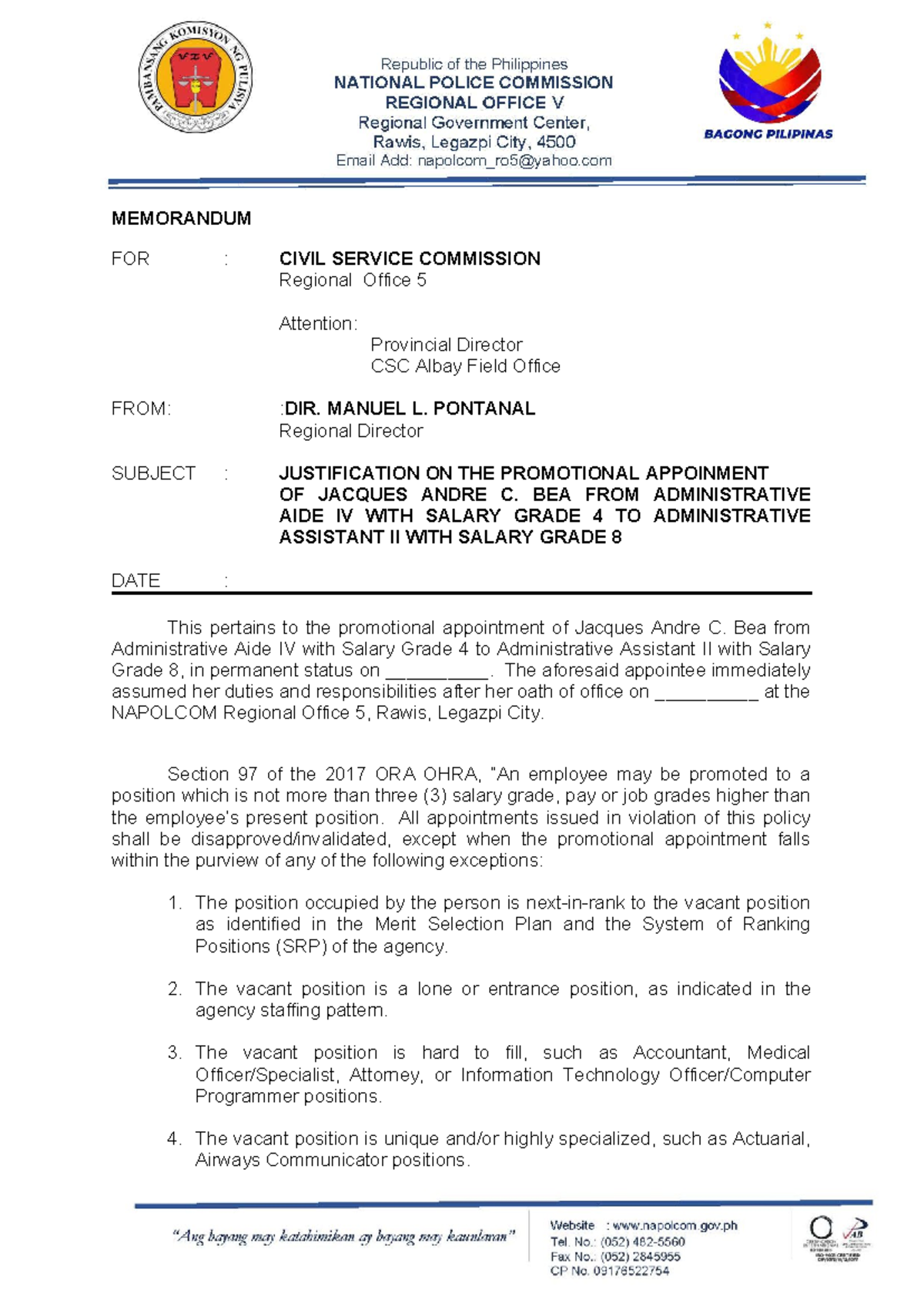 Justification-vitalicio - MEMORANDUM FOR : CIVIL SERVICE COMMISSION ...