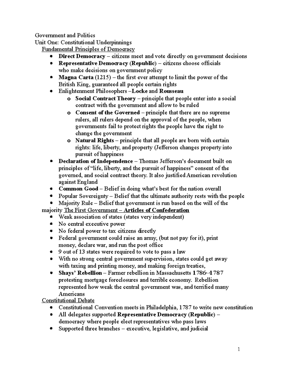 Government Review Packet - Government and Politics Unit One ...