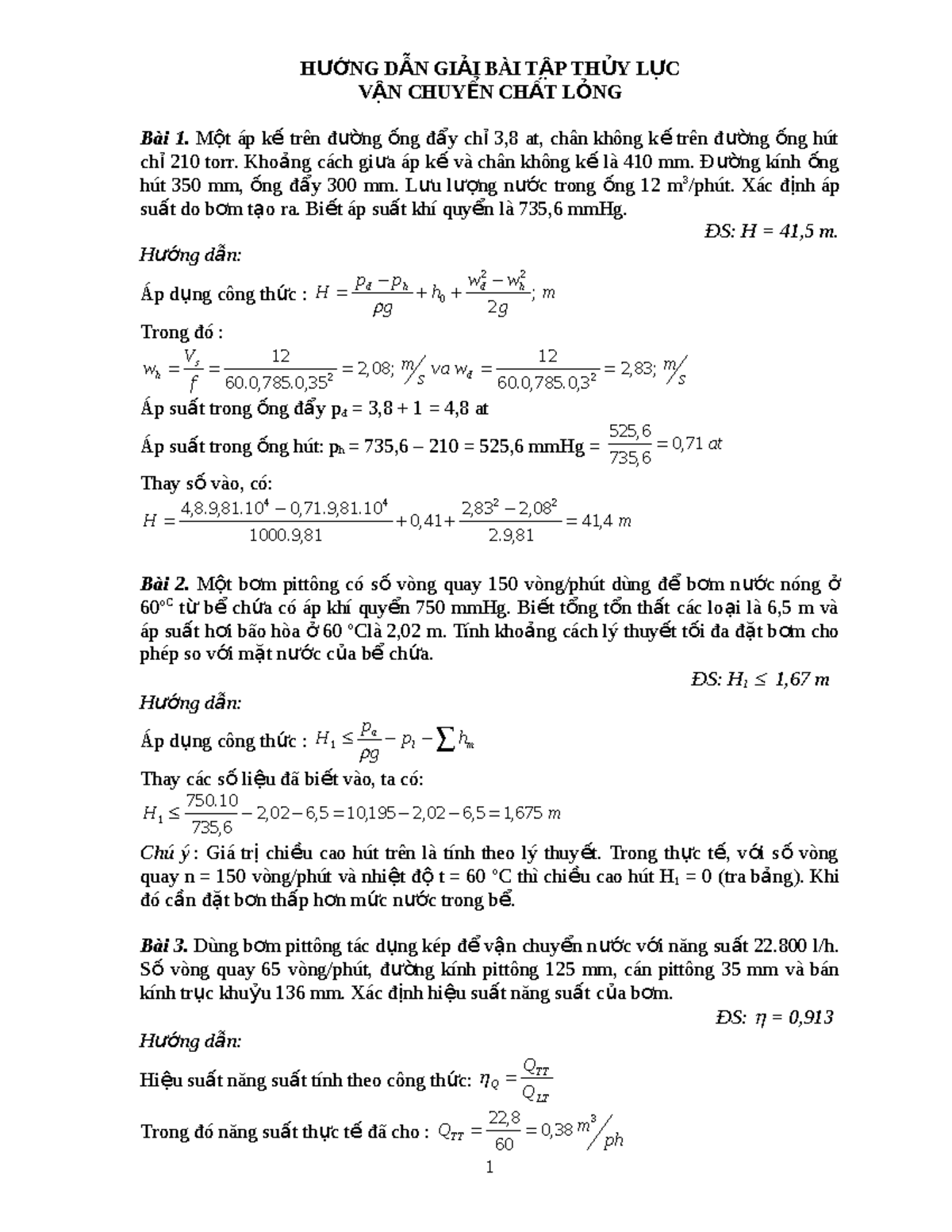 HƯỚNG DẪN GIẢI BÀI TẬP THỦY LỰC VẬN CHUYỂN CHẤT LỎNG 803717 - H NG D N GI I BÀI T P TH Y L ...