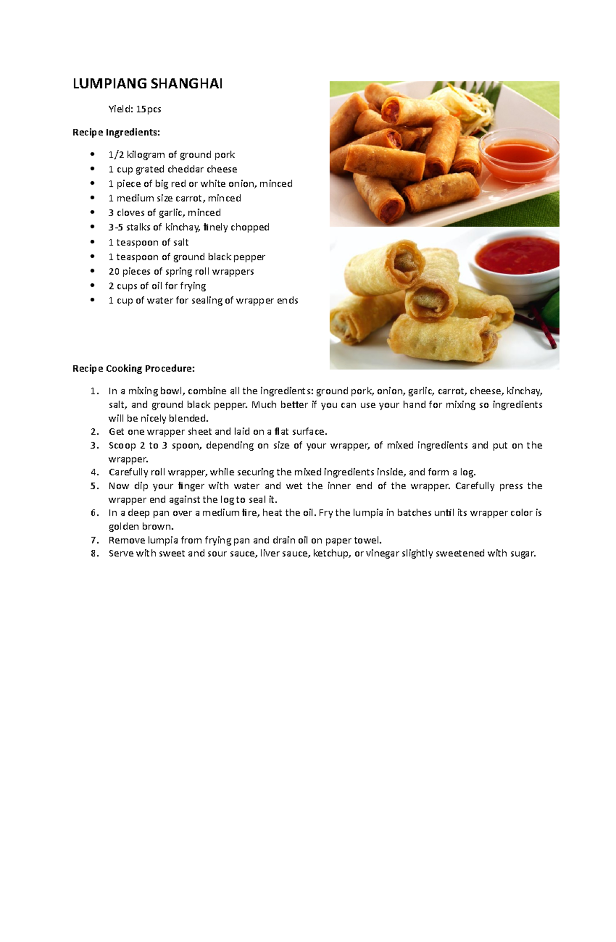 Nciii catering for Advance Culinary Subject - LUMPIANG SHANGHAI Yield ...