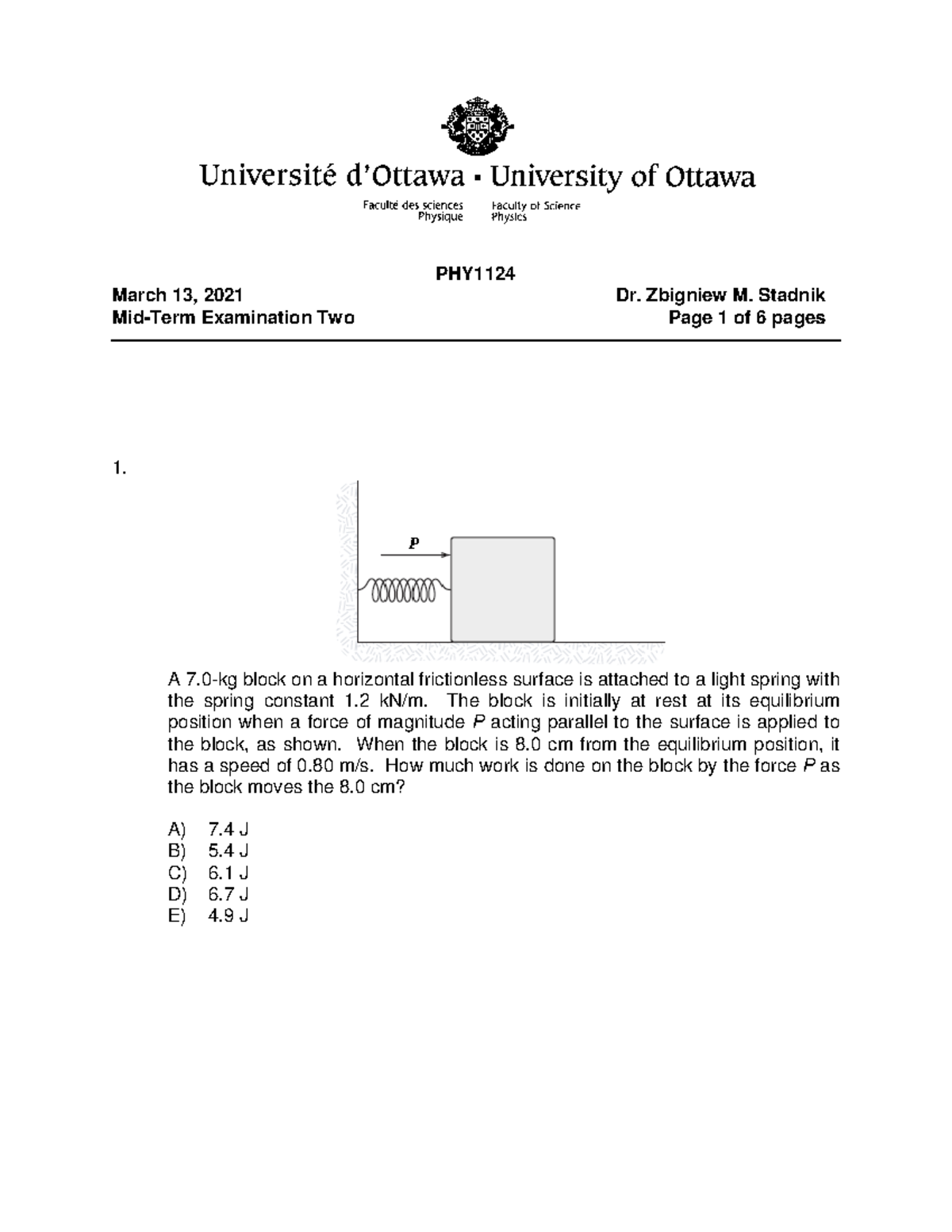 1124M2-March 13, 2021 - formula sheet - PHY March 13, 2021 Dr. Zbigniew ...