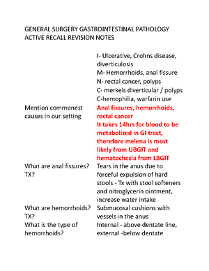 General Surgery Gastrointestinal Pathology Active Recall Revision Notes ...