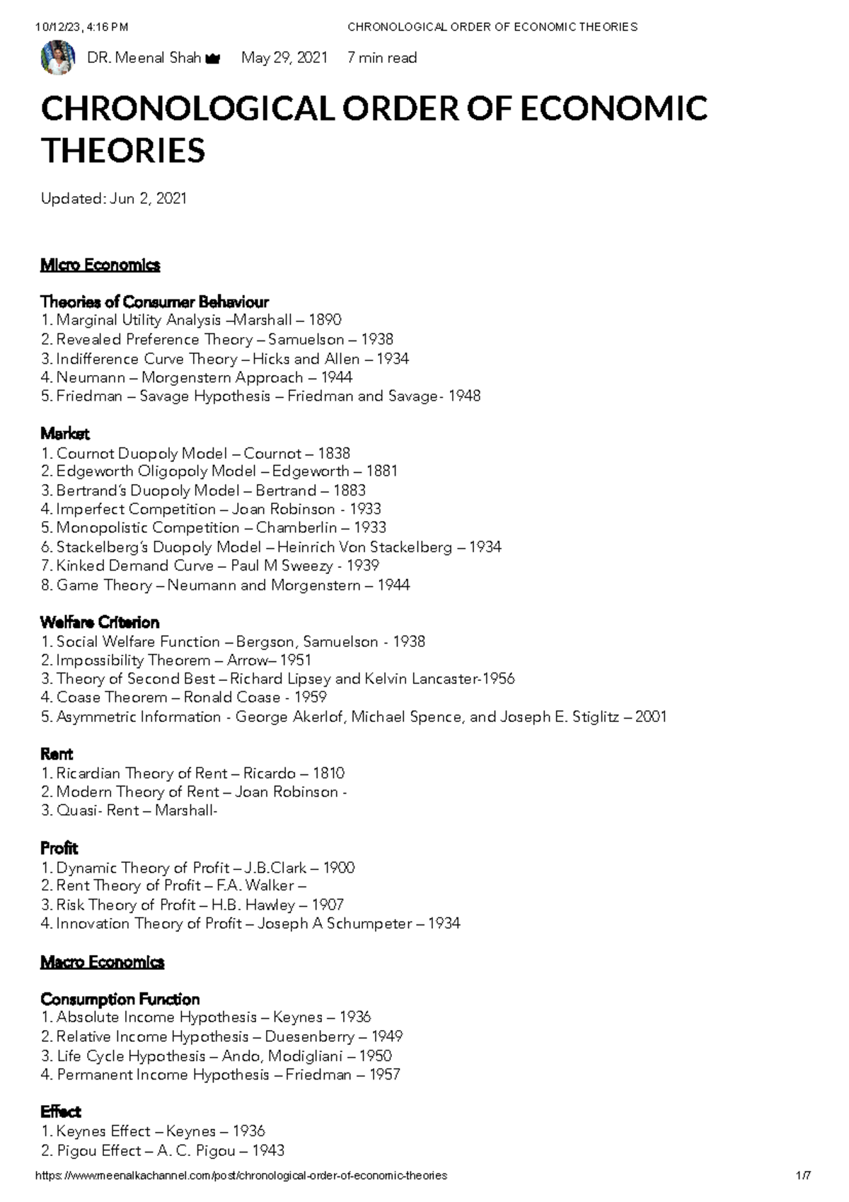 Chronological Order OF Economic Theories - DR. Meenal Shah May 29, 2021 ...