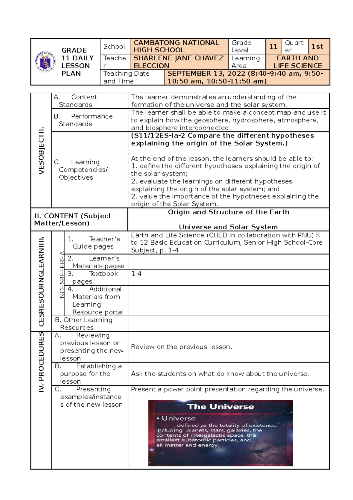 Sept 13, 2022 lp - EERR - GRADE 11 DAILY LESSON PLAN School CAMBATONG ...