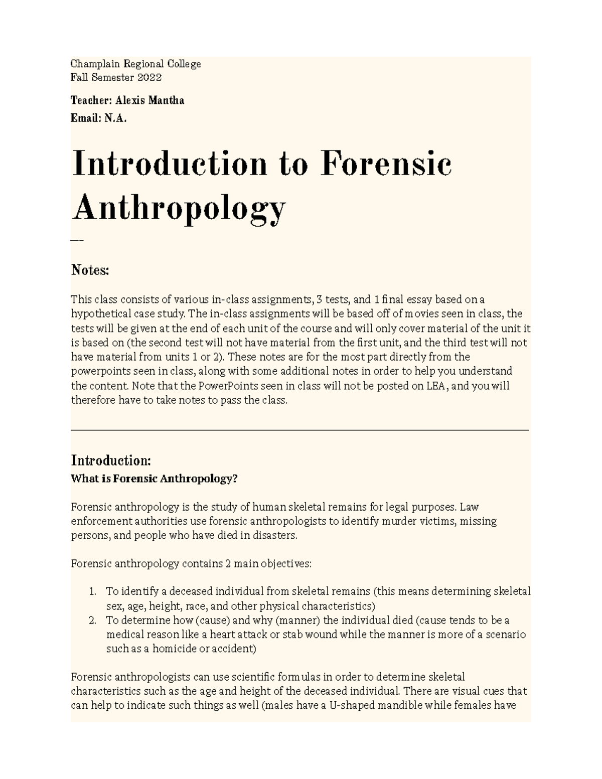 Introduction to Forensic Anthropology Full Lecture Notes - Champlain ...