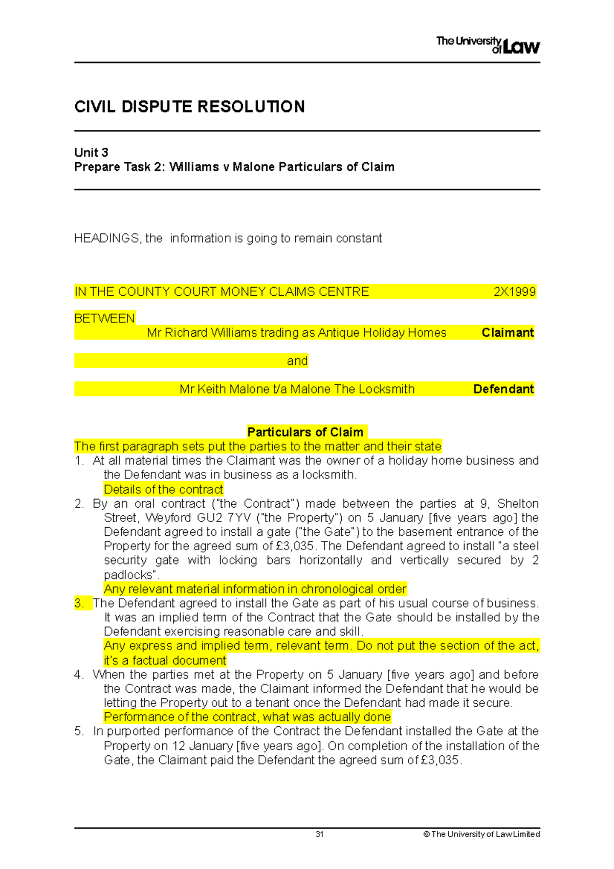 2223 civ u03 ce02 prepare task 02 sample particulars of claim - CIVIL ...