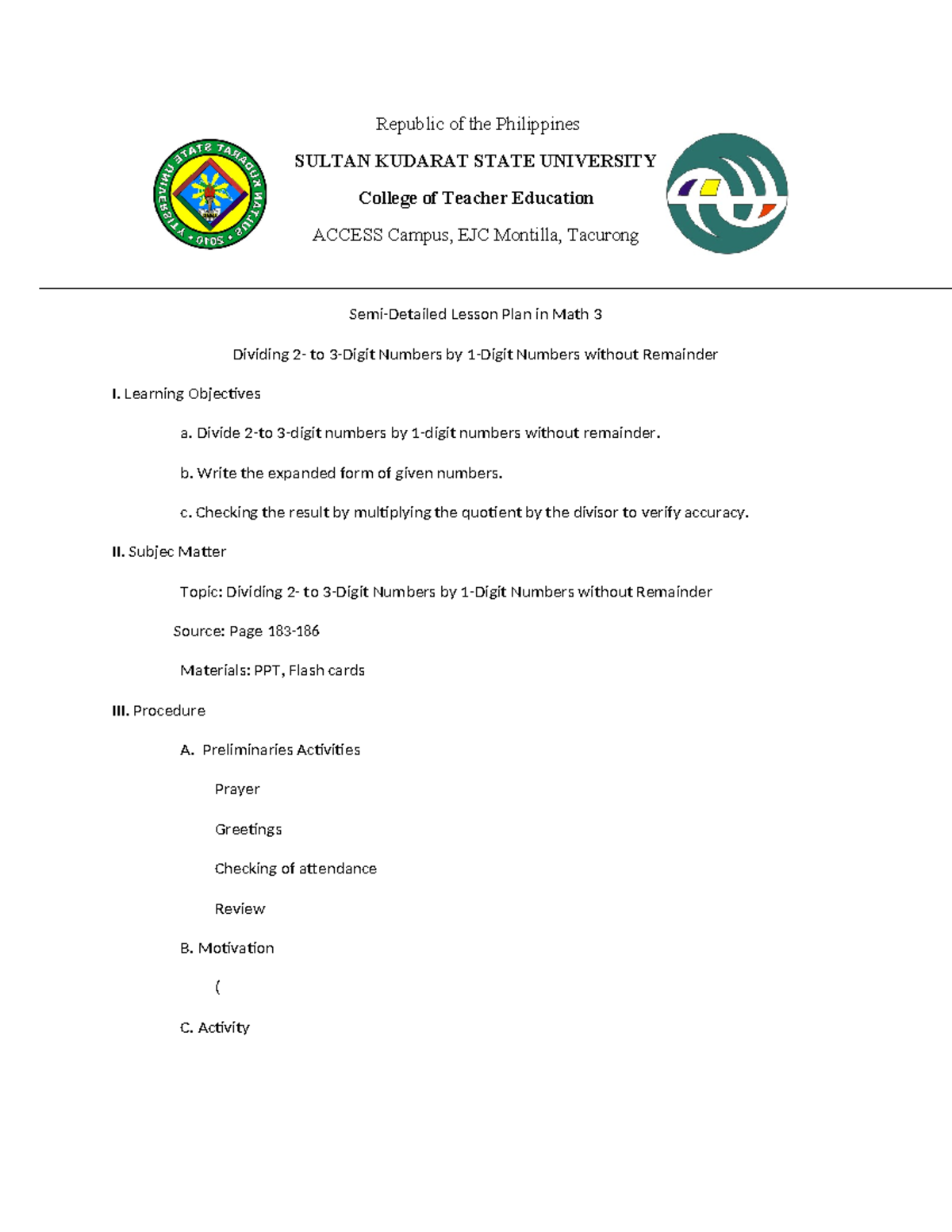 Lpmath 3 - Lesson plan 4as approach. - Republic of the Philippines ...