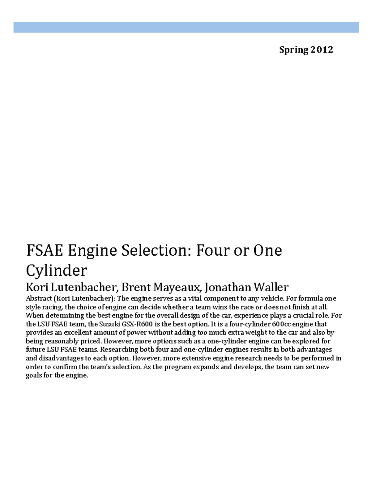 FSAE Engine Selection Four or One Cylinder - 2012 paper - FSAE Engine ...