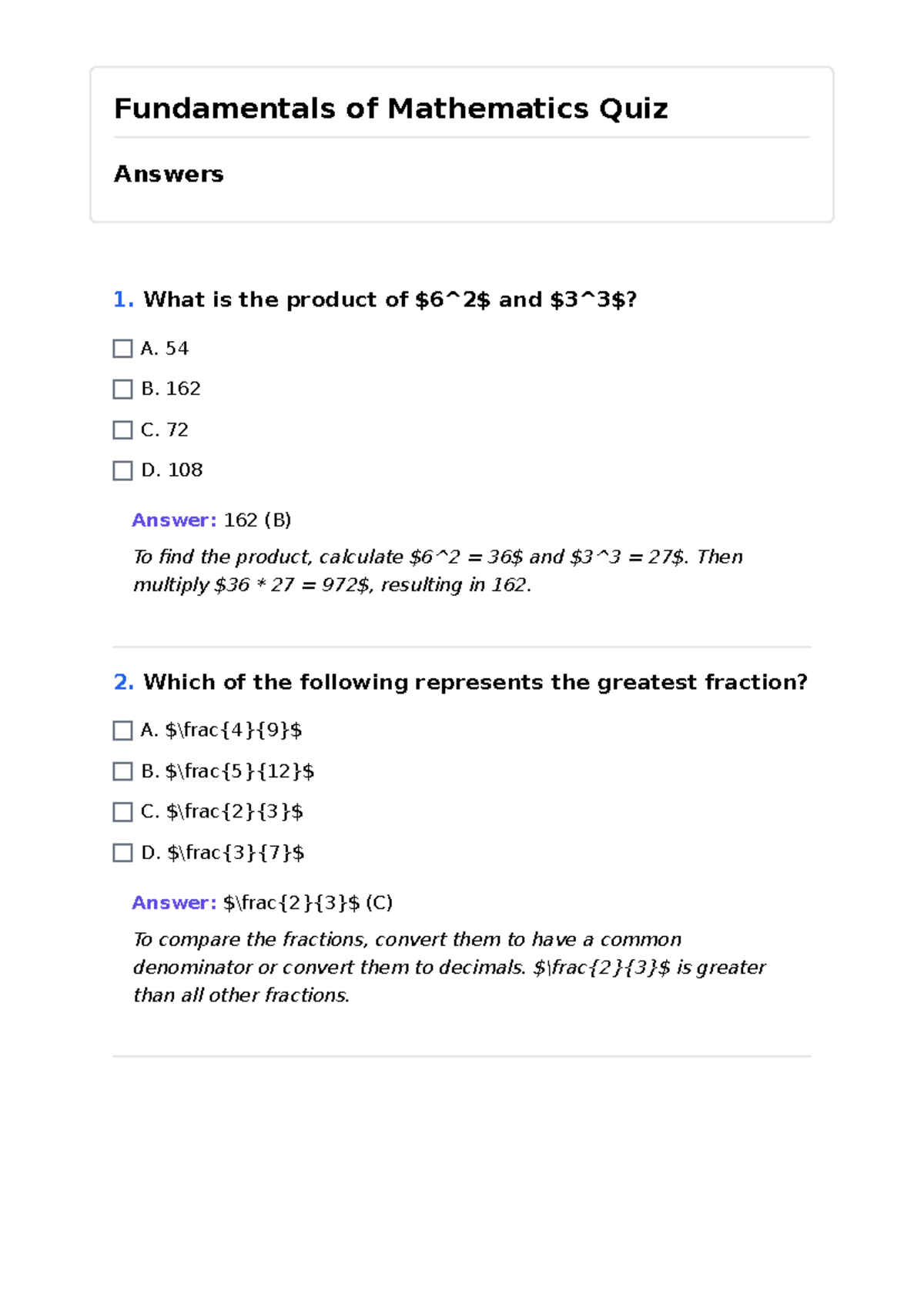 Fundamentals of Mathematics Quiz Answers - What is the product of $6^2 ...