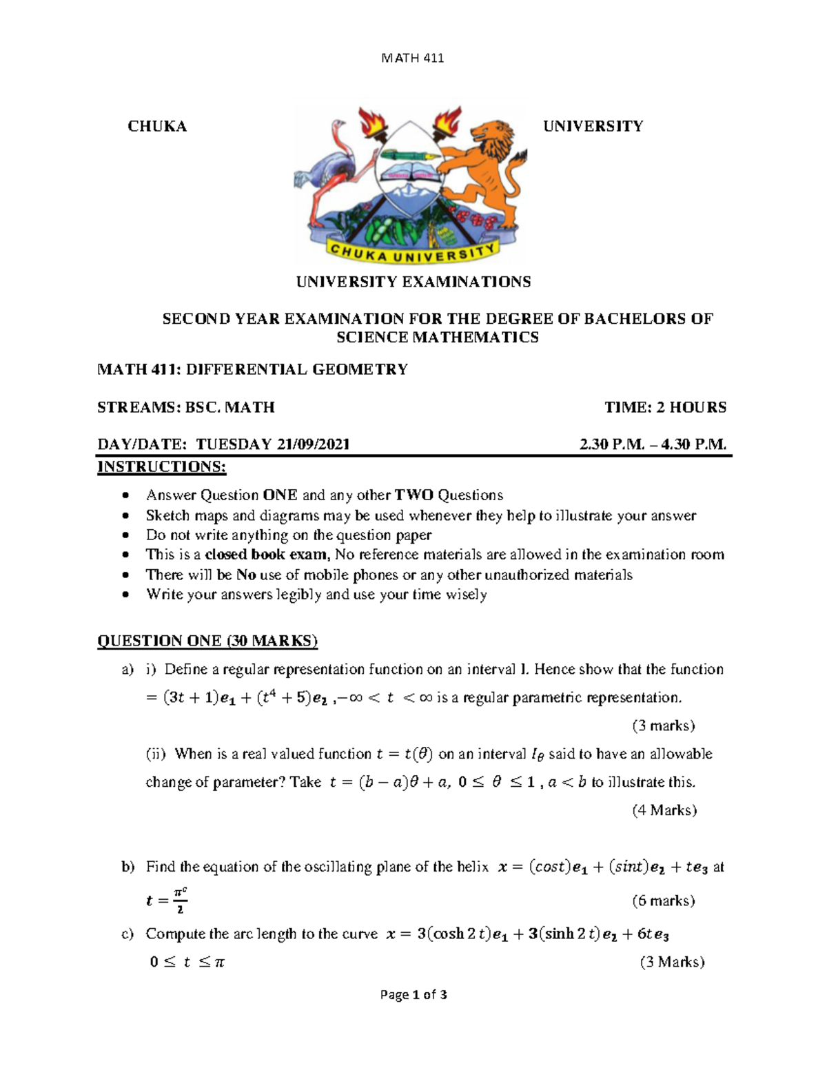 MATH 411 (3) - Maths paper forrevision - MATH 411 Page 1 of 3 CHUKA ...
