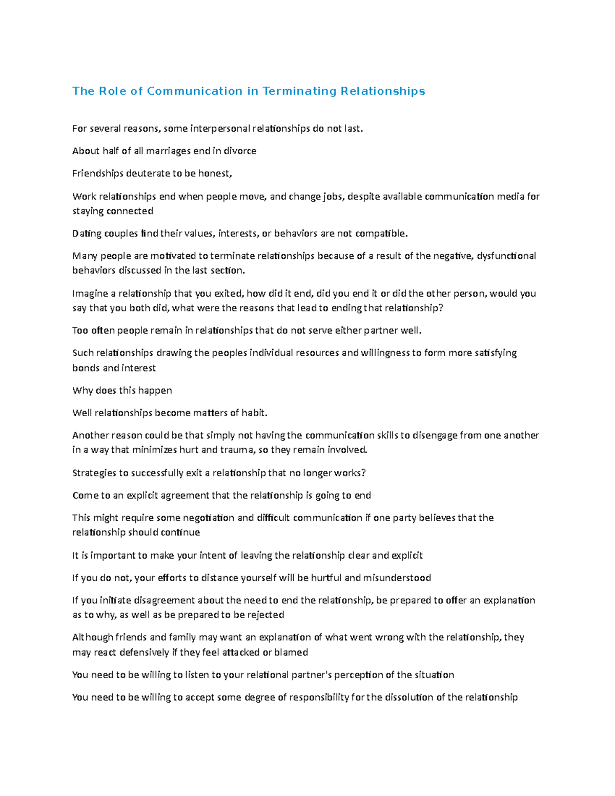 The Role of Communication in Terminating Relationships - About half of ...