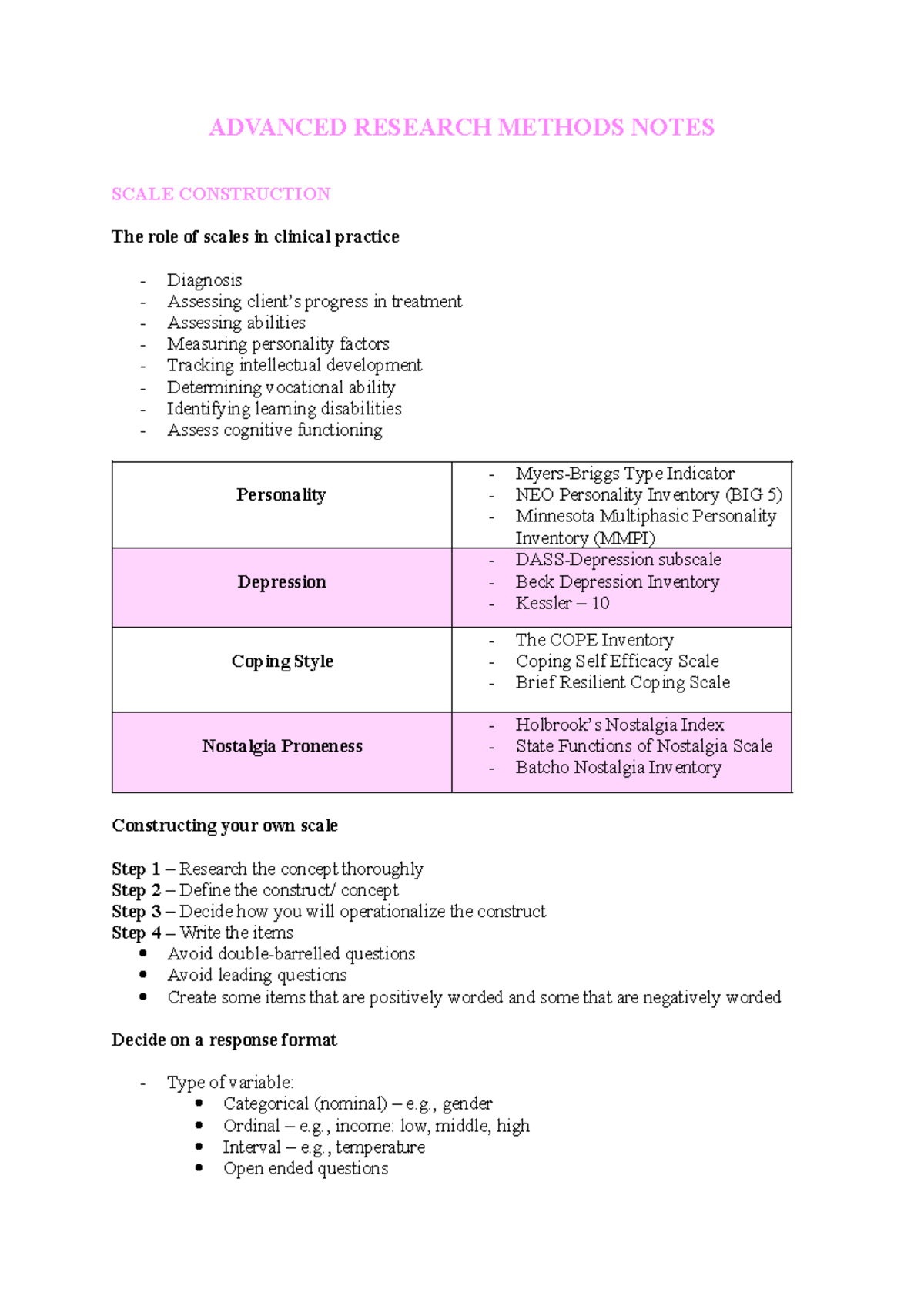 Tut notes - ADVANCED RESEARCH METHODS NOTES SCALE CONSTRUCTION The role ...