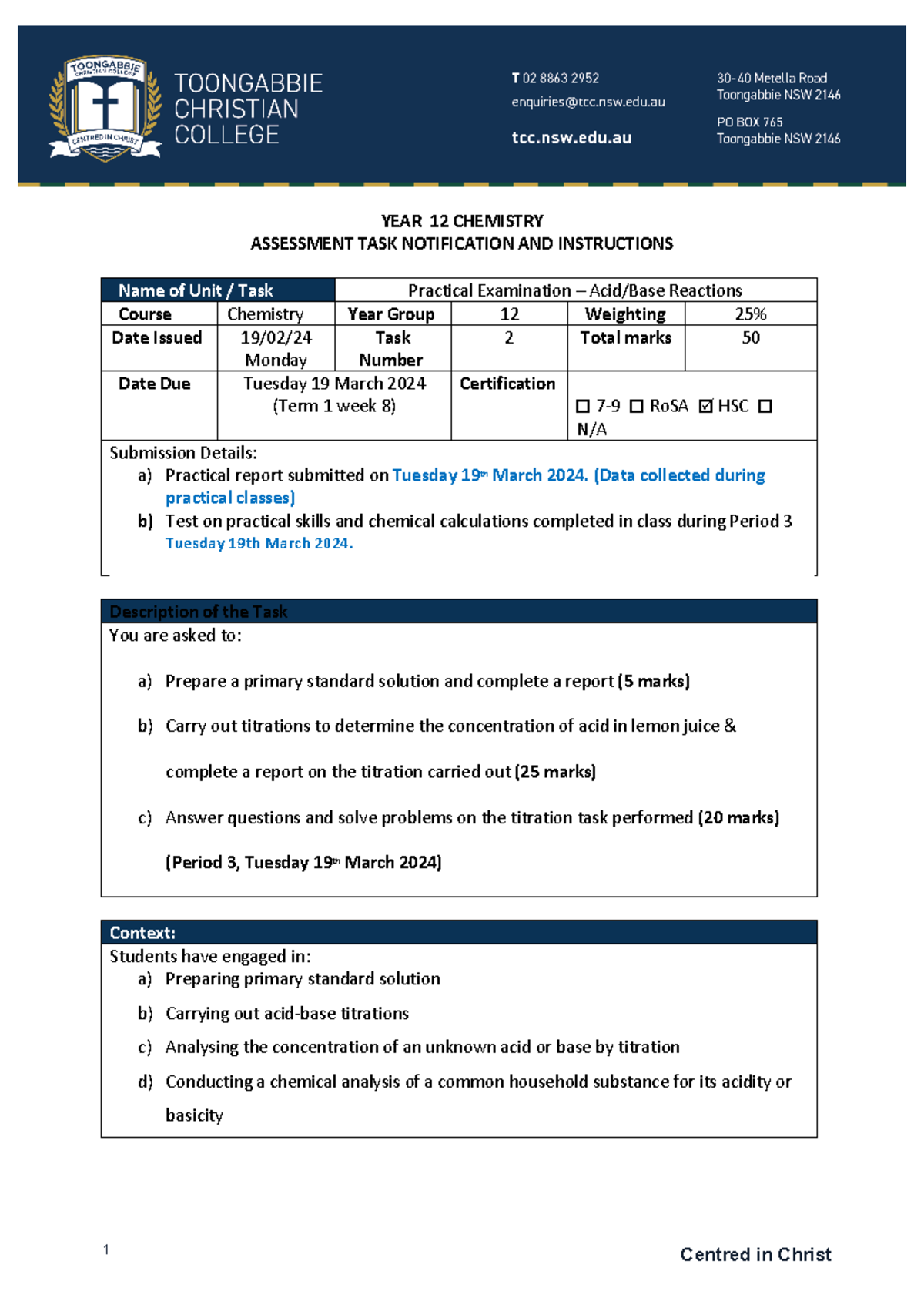 Chem noti - sss - 1 Centred in Christ YEAR 12 CHEMISTRY ASSESSMENT TASK ...