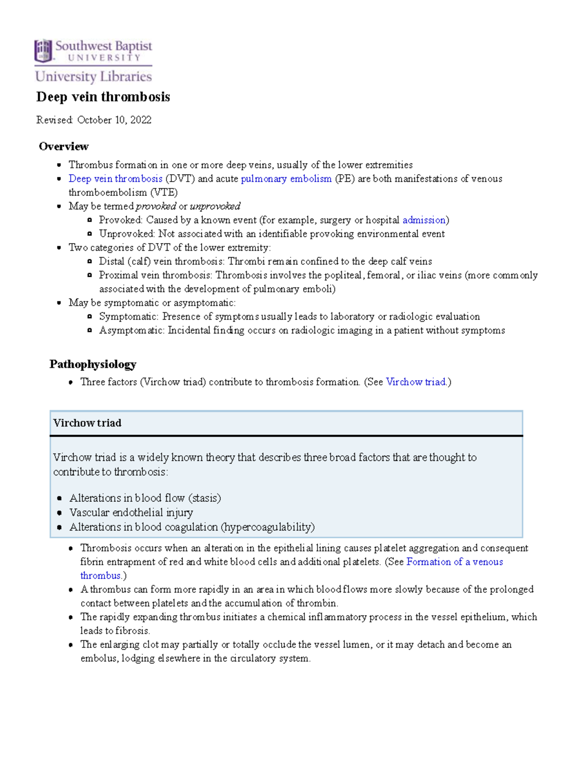 Deep Vein Thrombosis - Notes - Deep vein thrombosis Revised: October 10 ...