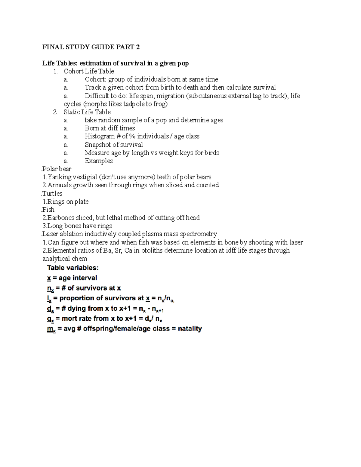Final Study Guide Part 2 Ecology 2250 - FINAL STUDY GUIDE PART 2 Life Tables: estimation of ...