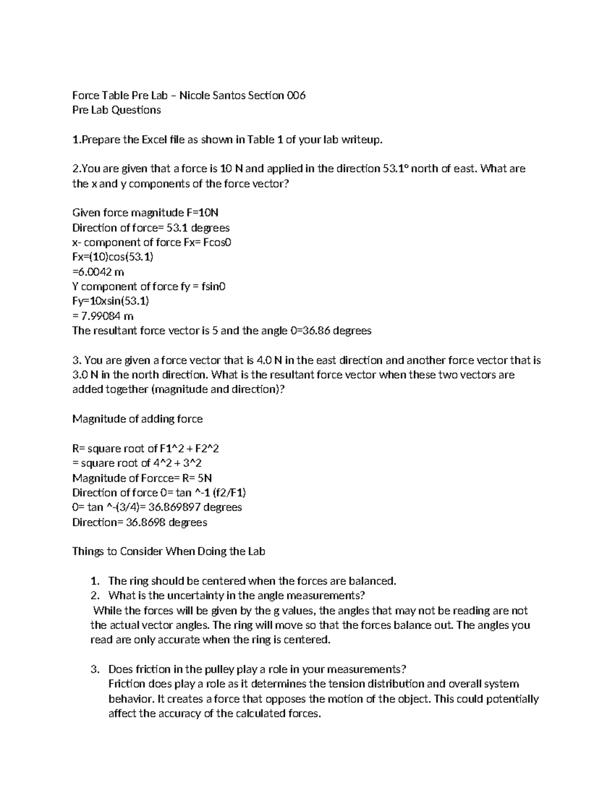 Force Table Pre Lab - Pre lab - Force Table Pre Lab – Nicole Santos ...