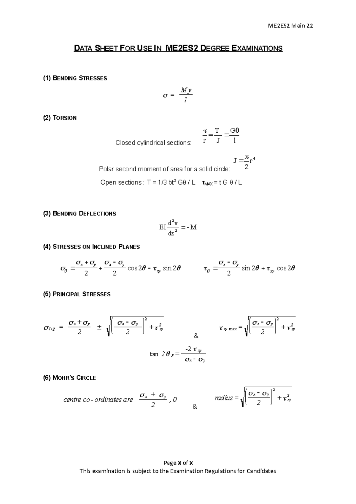 Data Sheet For Use In ME2ES2 Degree Examinations - DATA SHEET FOR USE ...
