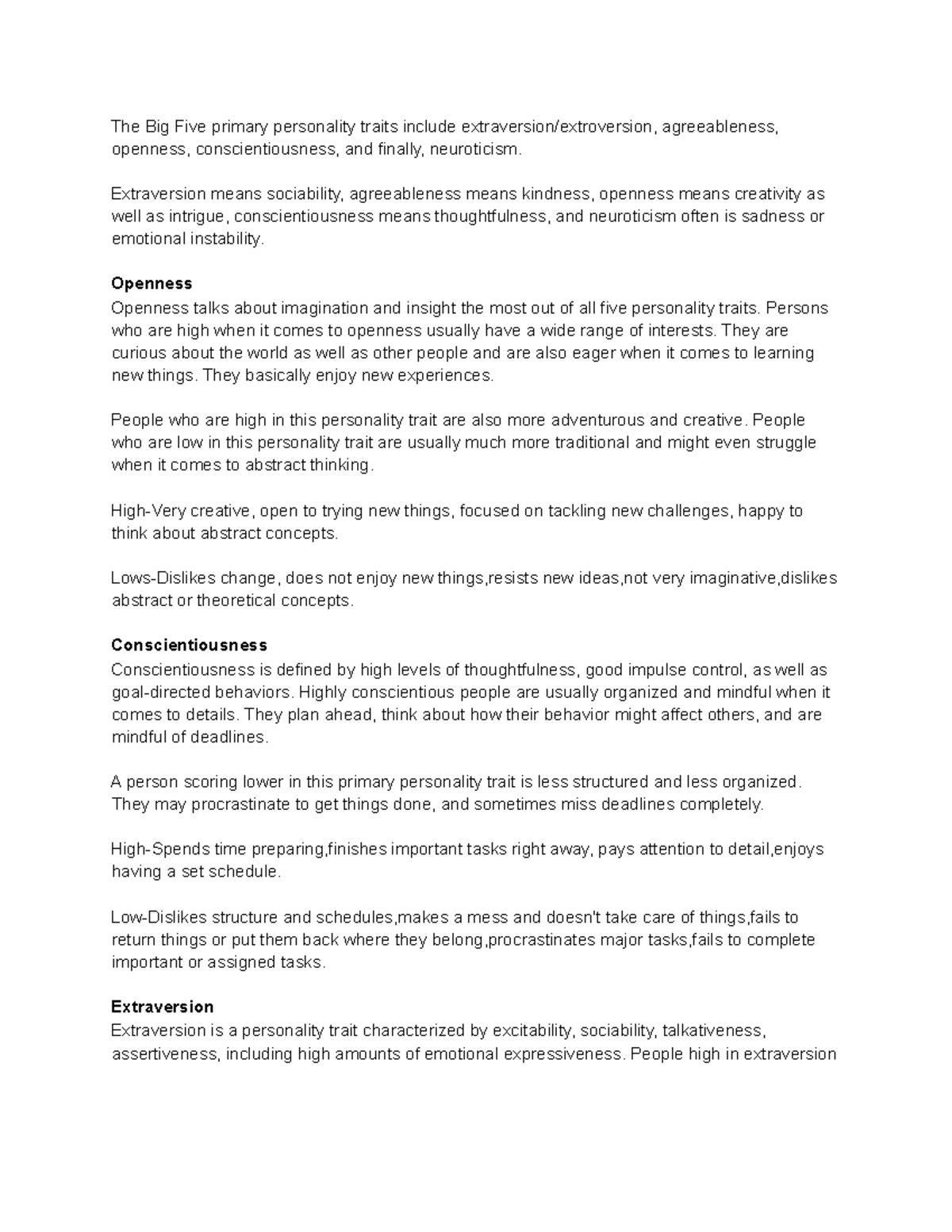 The Big 5 in personality - The Big Five primary personality traits ...