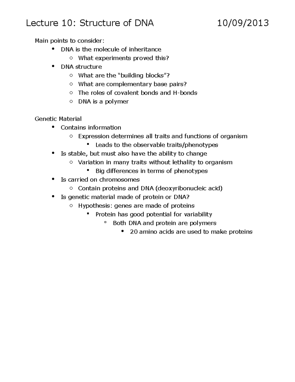 Genetics Notes (Exam 2) Summary - Lecture 10: Structure of DNA Main ...