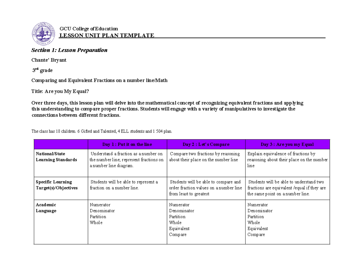 Math Learning Unit - Section 1: Lesson Preparation Chante’ Bryant 3 rd ...
