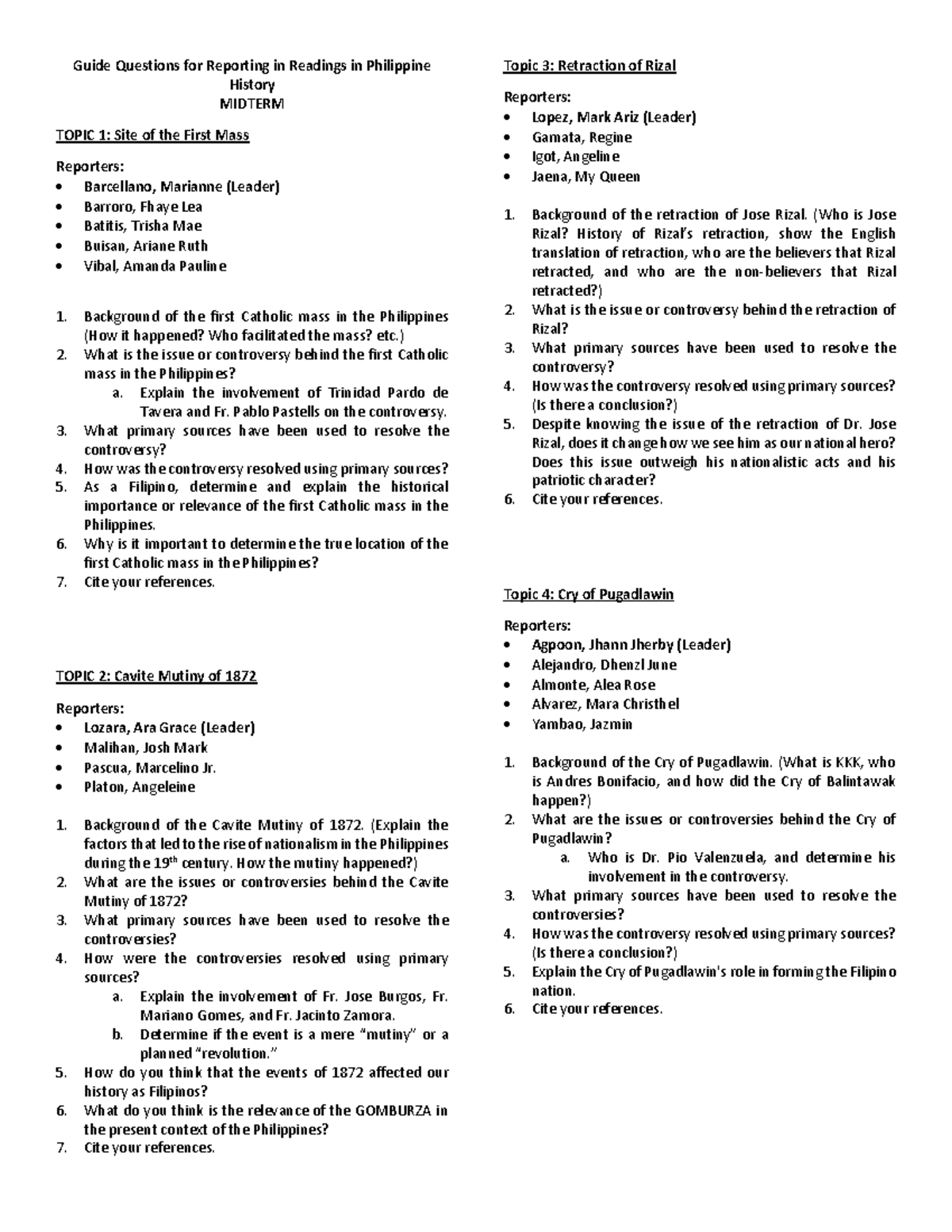 RPH-BSA1Bloc2-Reporting - Guide Questions for Reporting in Readings in Philippine History ...