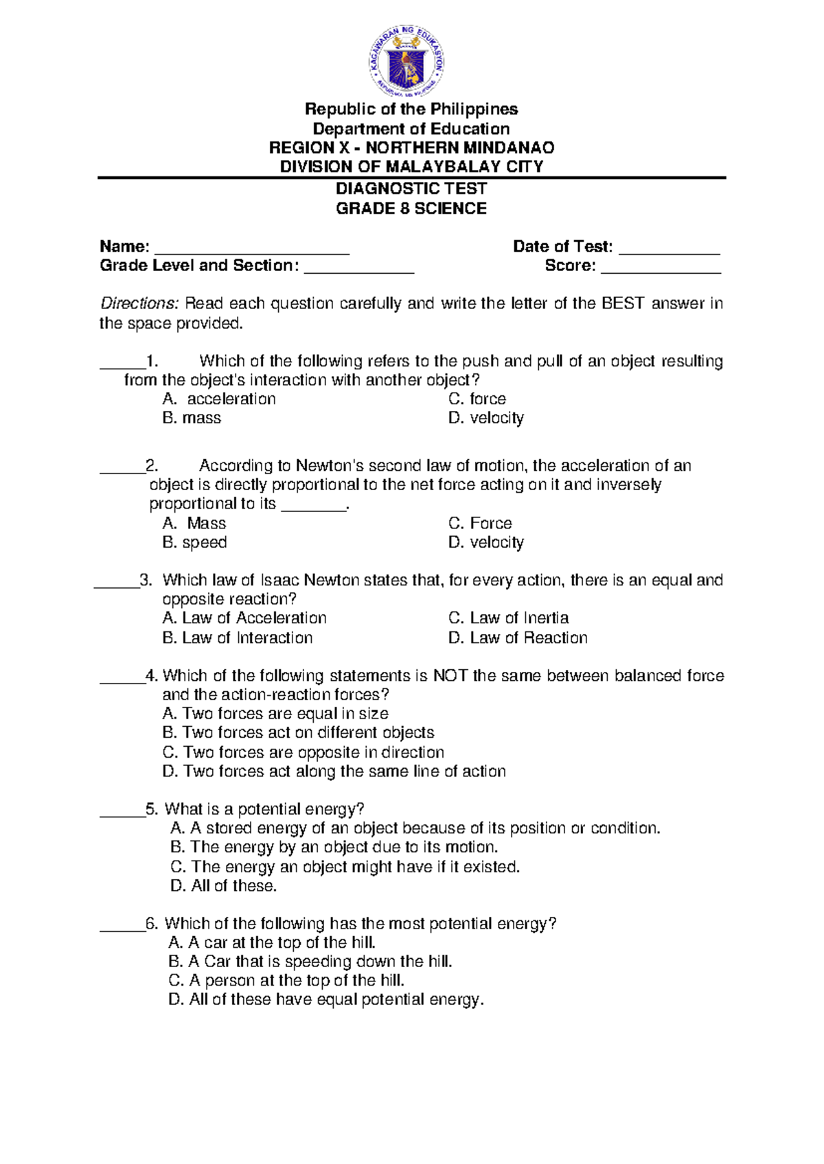 Grade 8 Science-final - diagnostic test - Republic of the Philippines ...