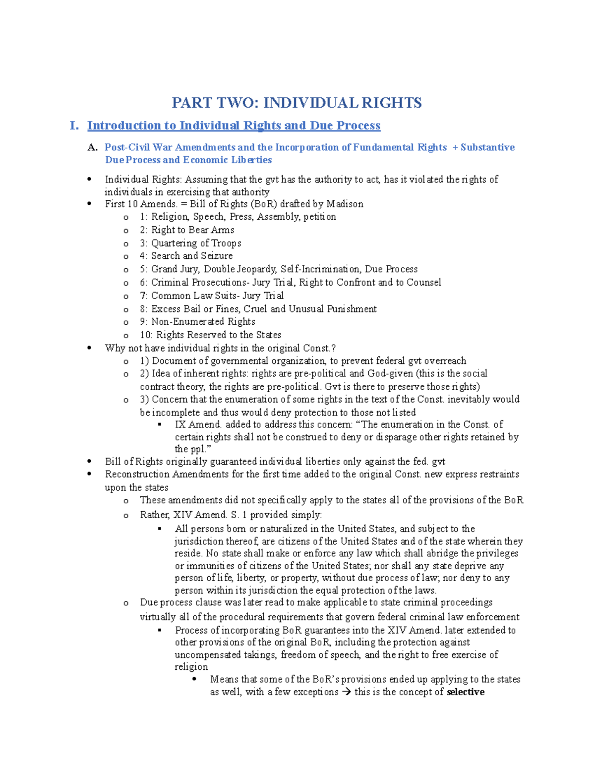 Constitutional Law Outline 2 - PART TWO: INDIVIDUAL RIGHTS I ...