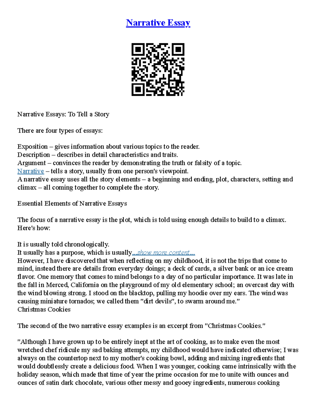Four Types Of Essays - Narrative Essay Narrative Essays: To Tell a ...