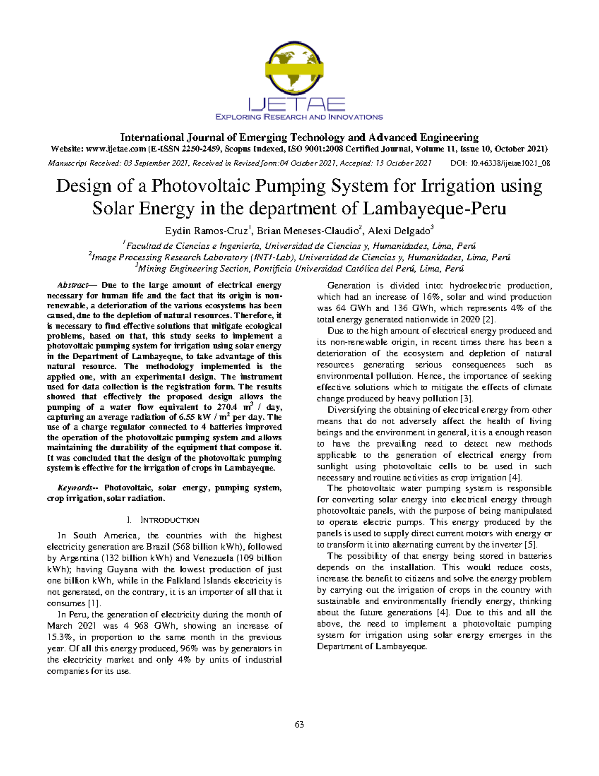 Fotovoltaico lambayaque - Website: ijetae (E-ISSN 2250-2459, Scopus ...