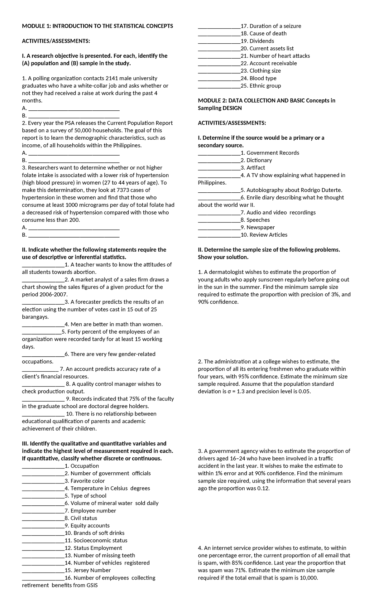 Stats reviewer - MODULE 1: INTRODUCTION TO THE STATISTICAL CONCEPTS ACTIVITIES/ASSESSMENTS: I. A ...