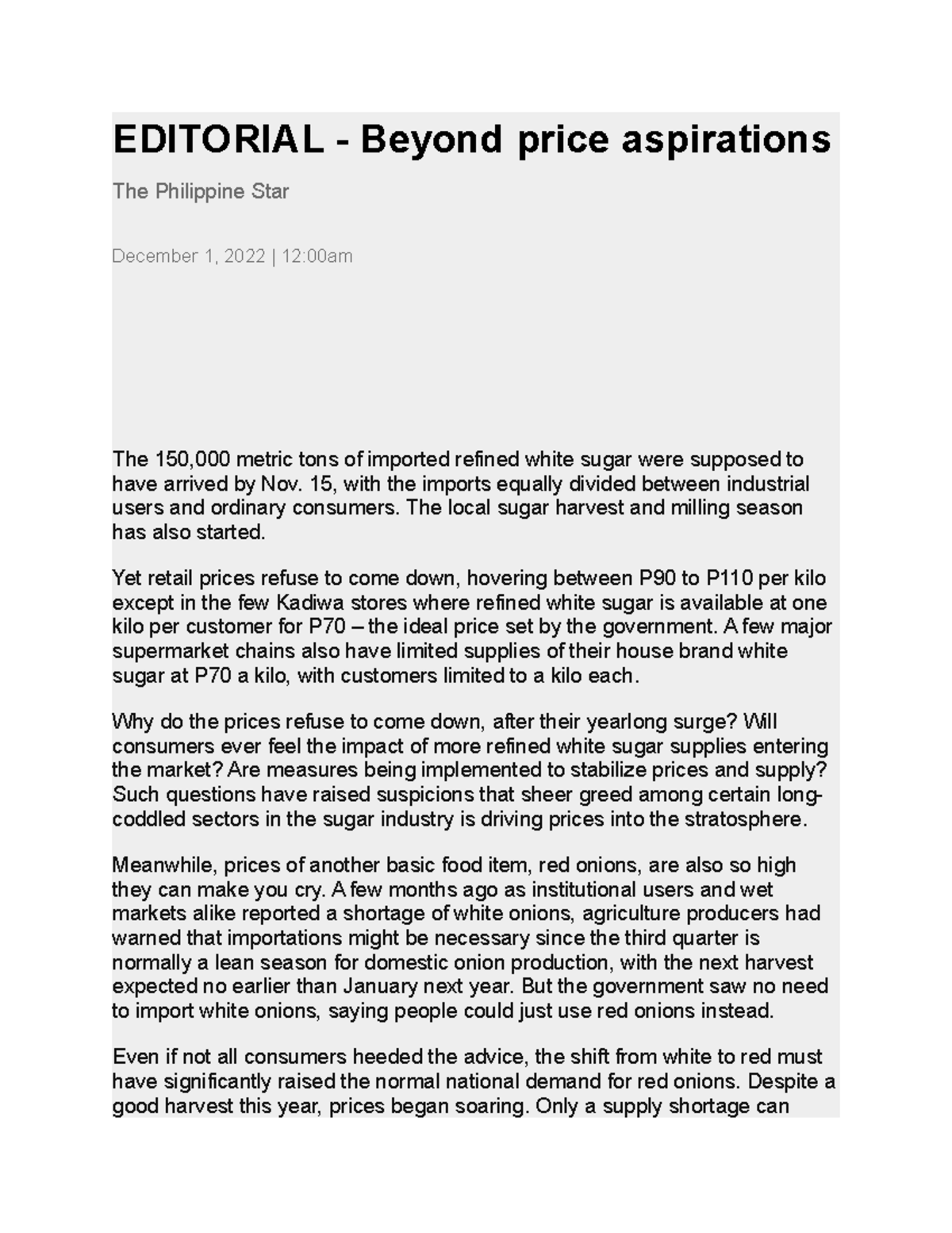Editorial news on the latest society today - EDITORIAL - Beyond price ...