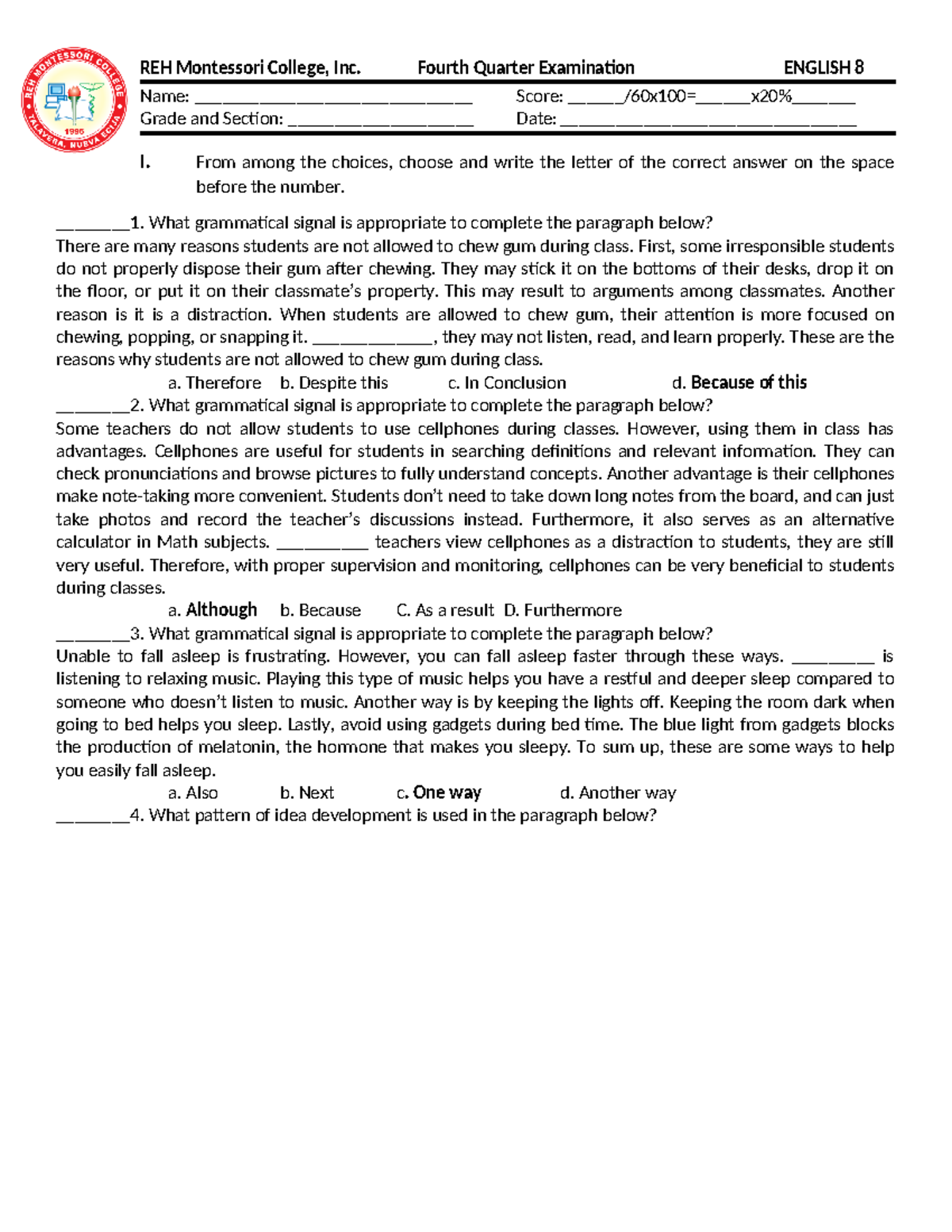 Grade 8 4TH Quarter EXAM - REH Montessori College, Inc. Fourth Quarter ...