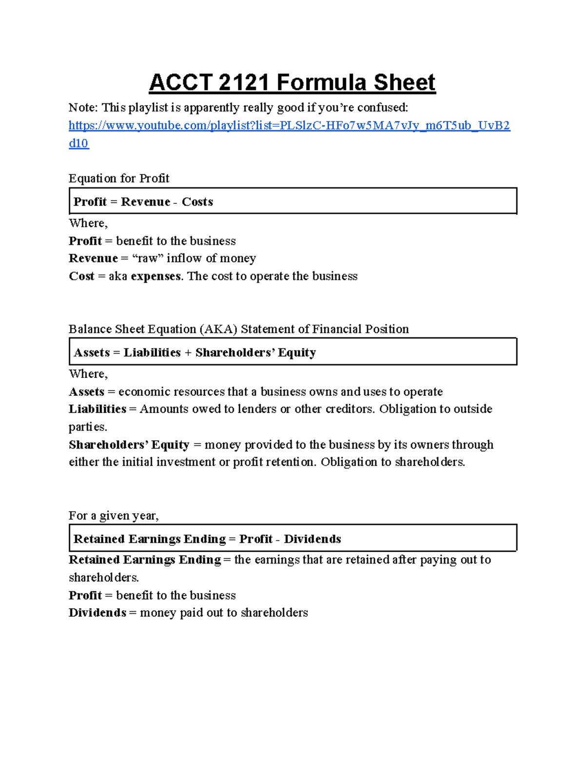 ACCT 2121 Formula Sheet - ACCT 2121 Formula Sheet Note: This playlist ...