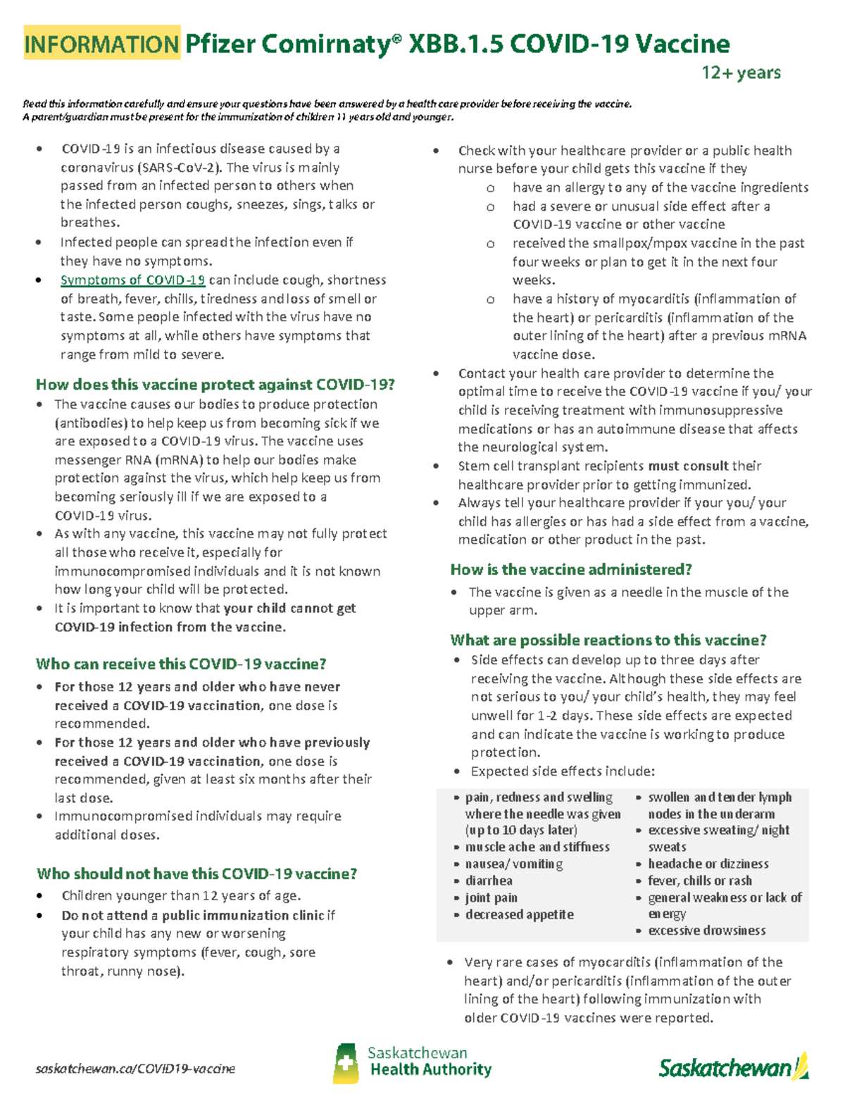 Pfizer Comirnaty XBB Information 12 years October 2023 - saskatchewan ...