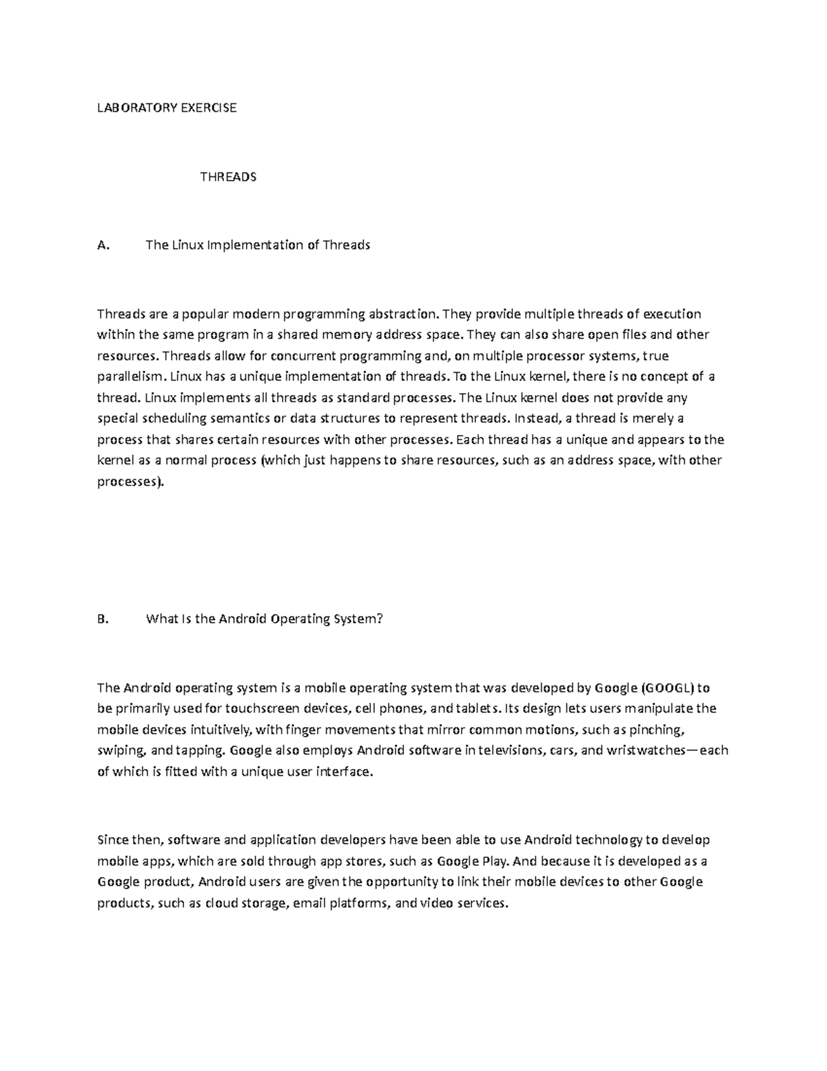 Laboratory EXER-WPS Office - LABORATORY EXERCISE THREADS A. The Linux Implementation of Threads ...